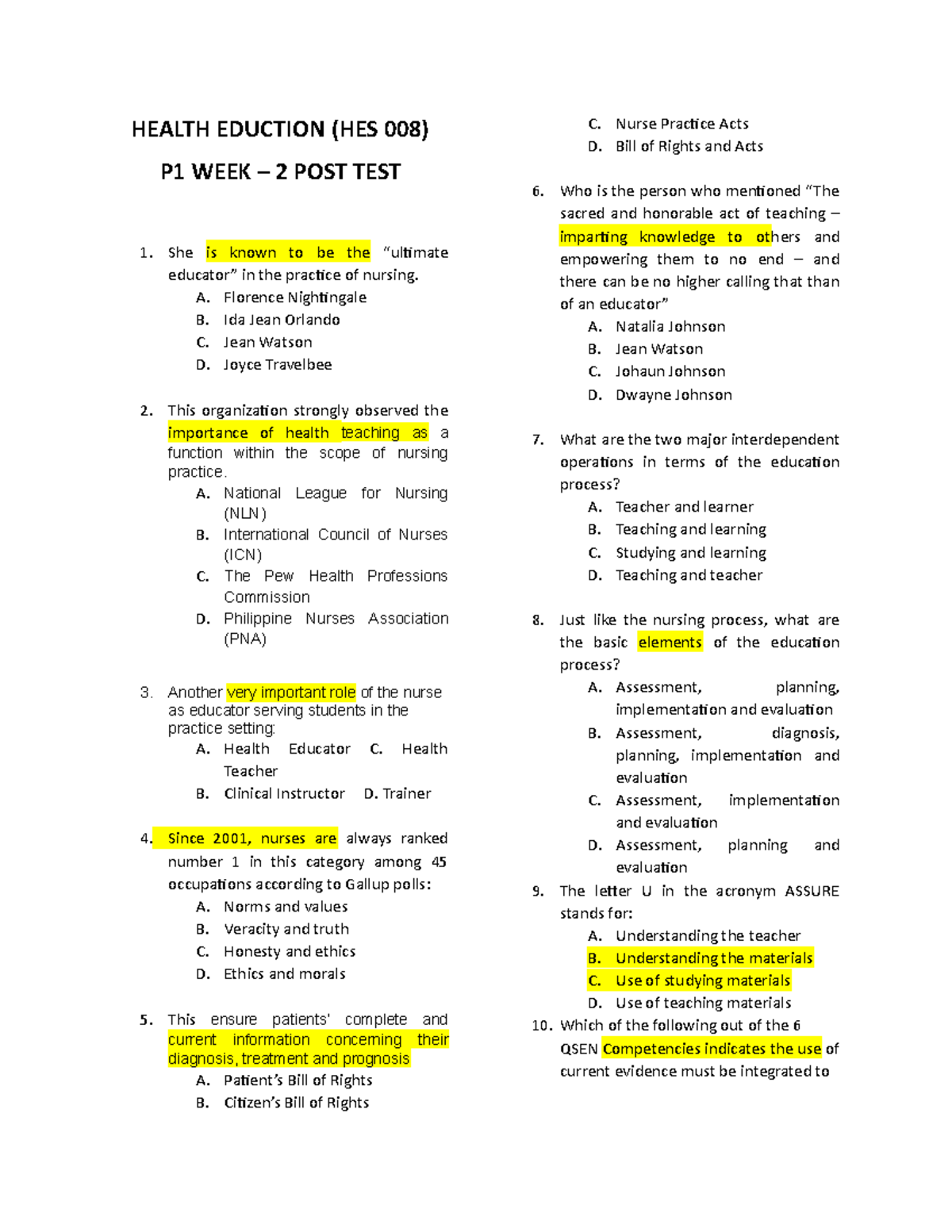 HES 008 POST TEST - HEALTH EDUCTION (HES 008) P1 WEEK – 2 POST TEST She ...