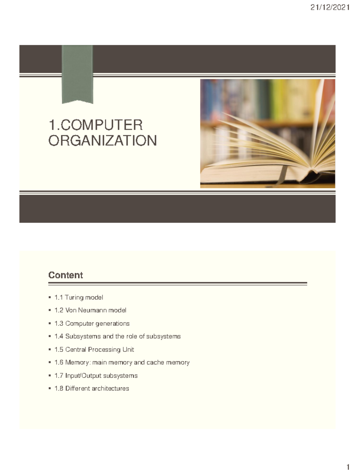 CSI 01 - none - 1 ORGANIZATION Content 1 Turing model 1 Von Neumann ...