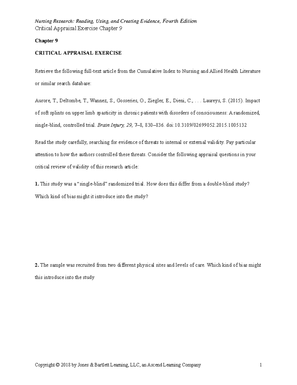 Chapter 9 Critical Appraisal Worksheet Student - Nursing Research ...