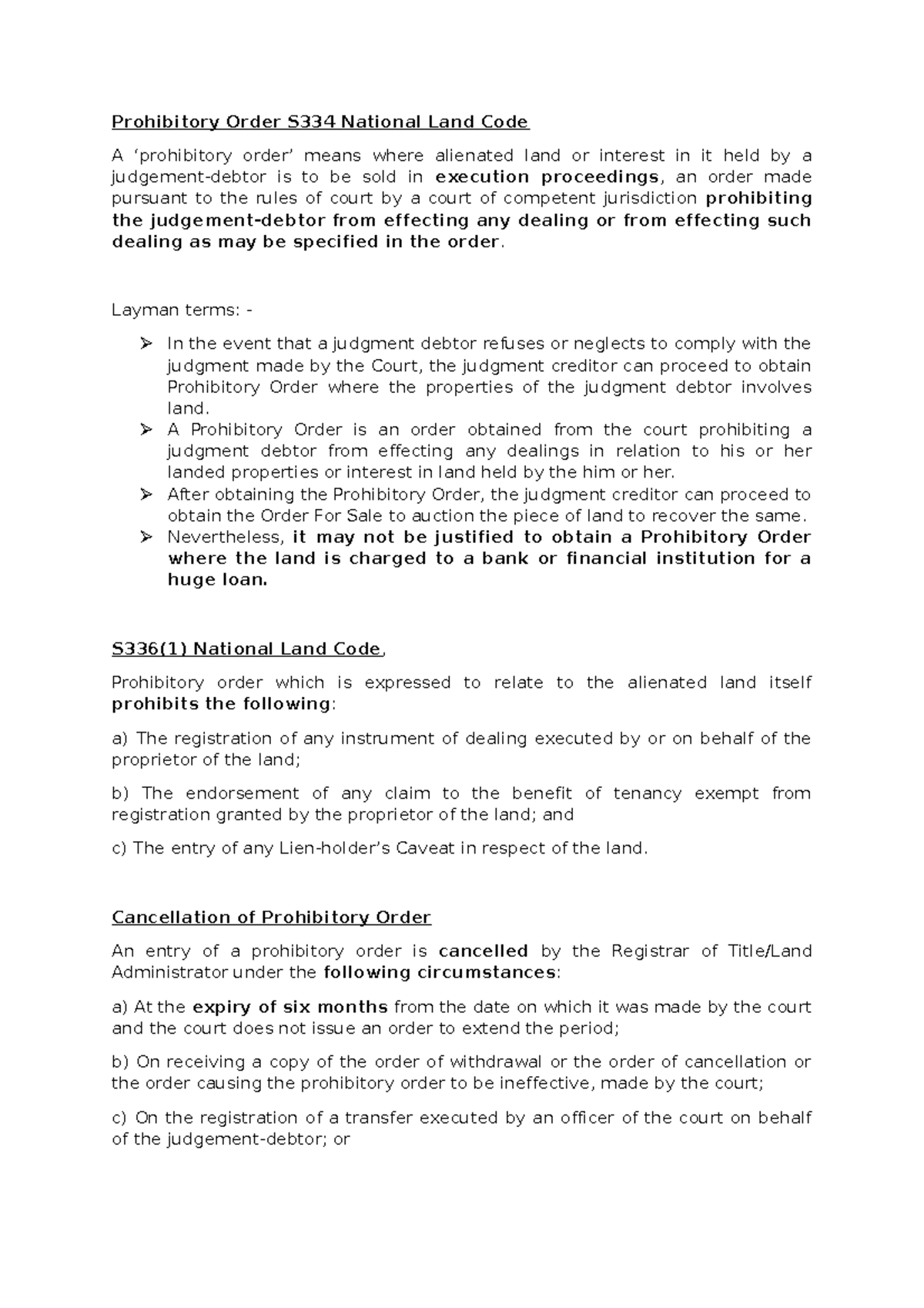 Prohibitory Order S334 National Land Code - Layman terms: - In the ...