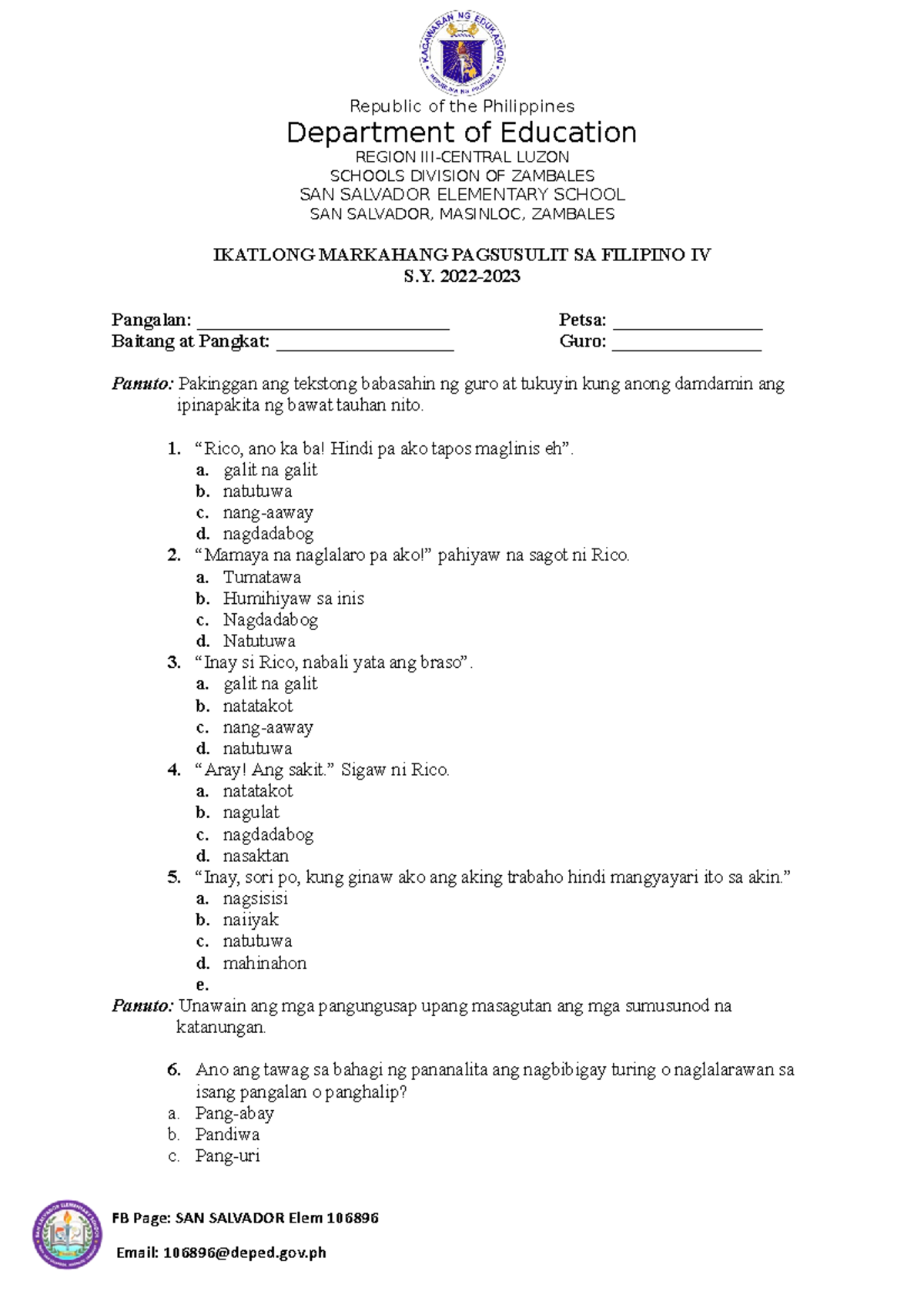 3rd Periodical Test-FIL-IV - Department of Education REGION III-CENTRAL ...
