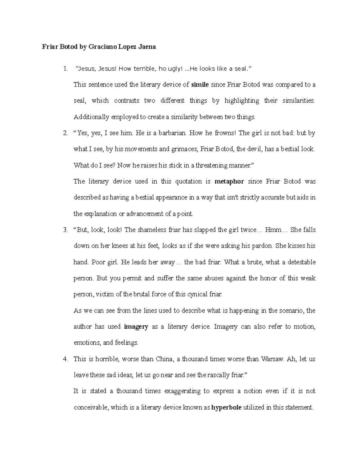 Literary devices - Friar Botod by Graciano Lopez Jaena “Jesus, Jesus ...