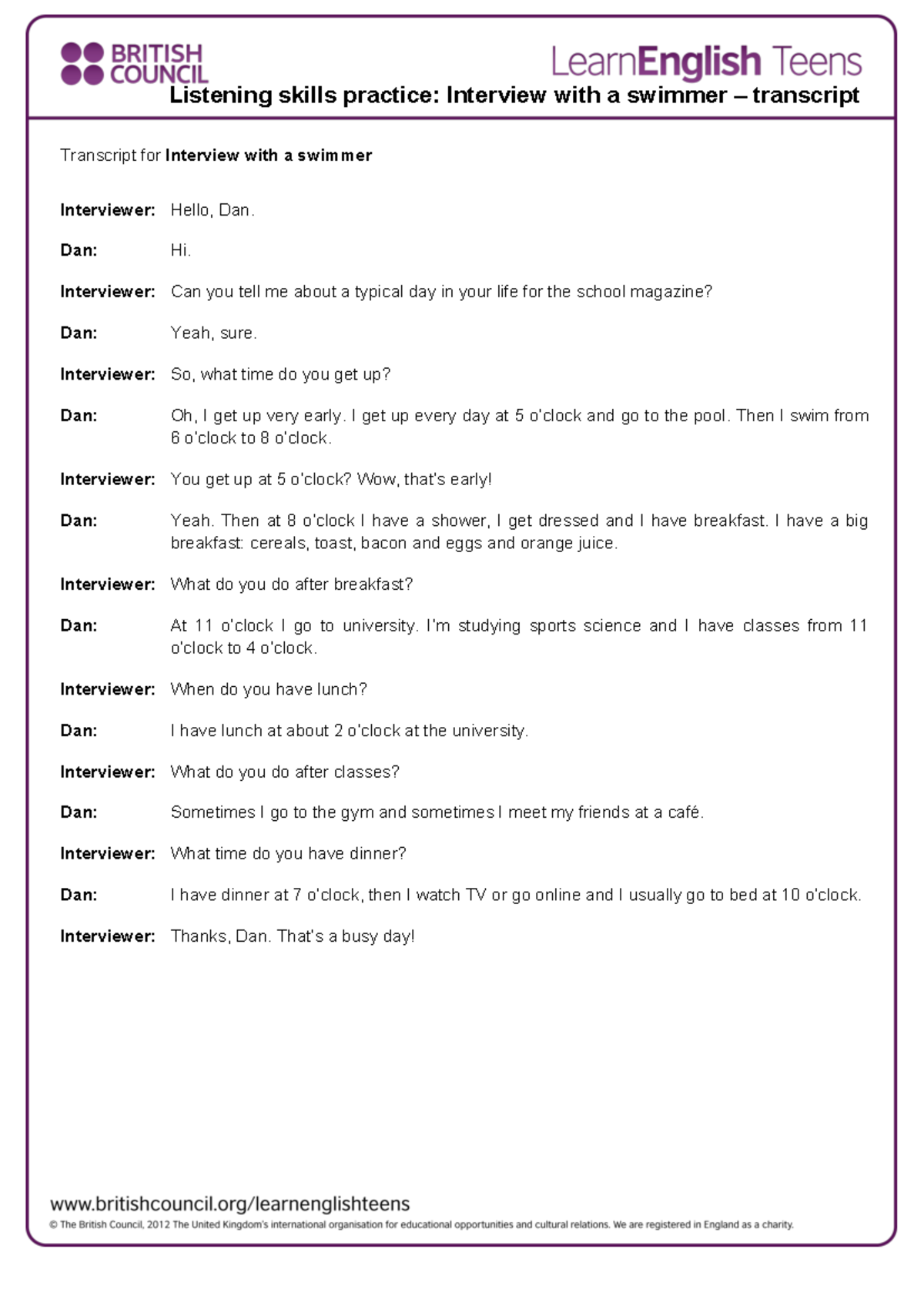 Interview with a swimmer - transcript 3 - Transcript for Interview with ...