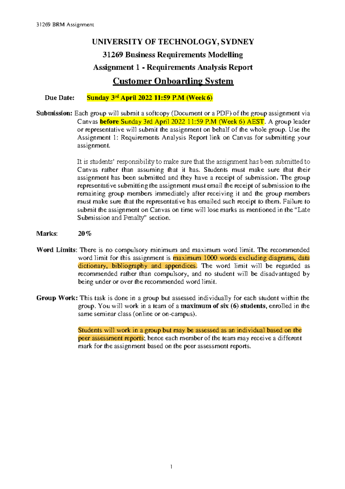 BRM Assignment 1 Guidelines - UNIVERSITY OF TECHNOLOGY, SYDNEY 31269 Business Requirements ...