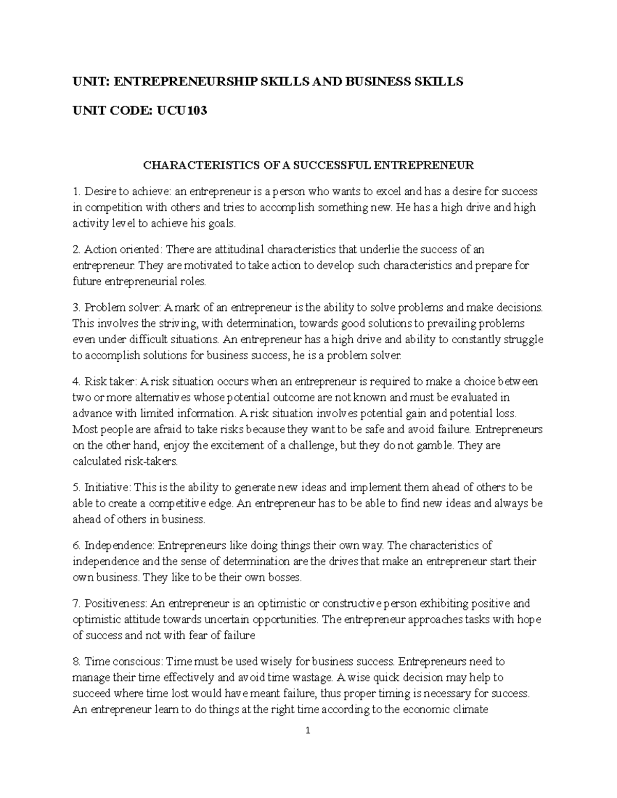 Entrepreneurial Skills-characteristics of an entrepreneur - UNIT ...