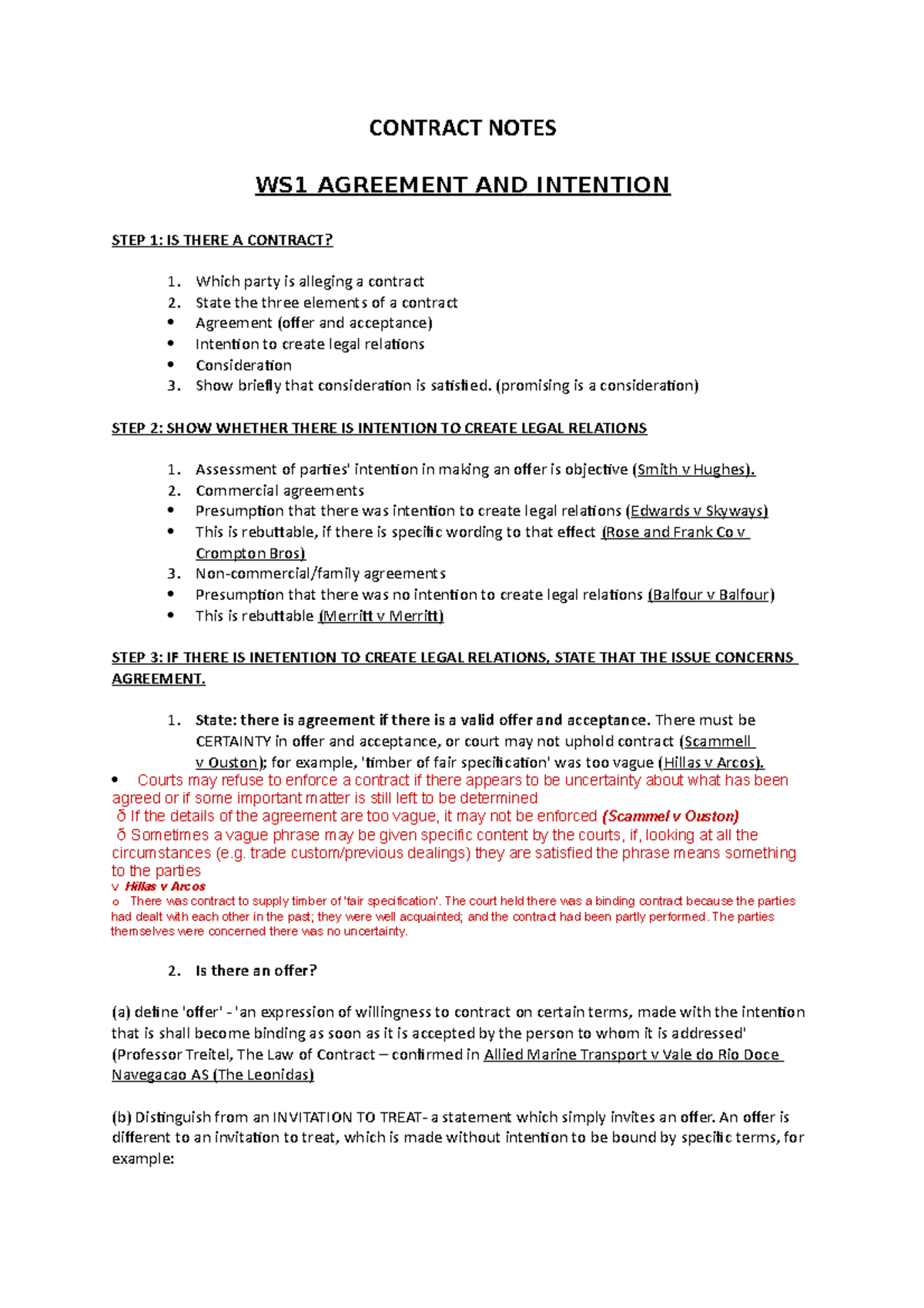 Contract Notes - CONTRACT NOTES WS1 AGREEMENT AND INTENTION STEP 1: IS ...