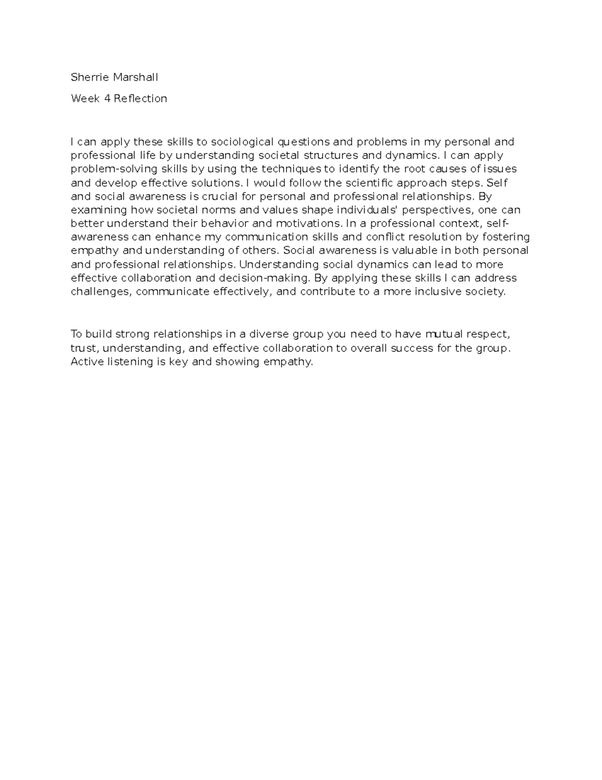 Soc W Reflection Sherrie Marshall - Sherrie Marshall Week 4 Reflection ...