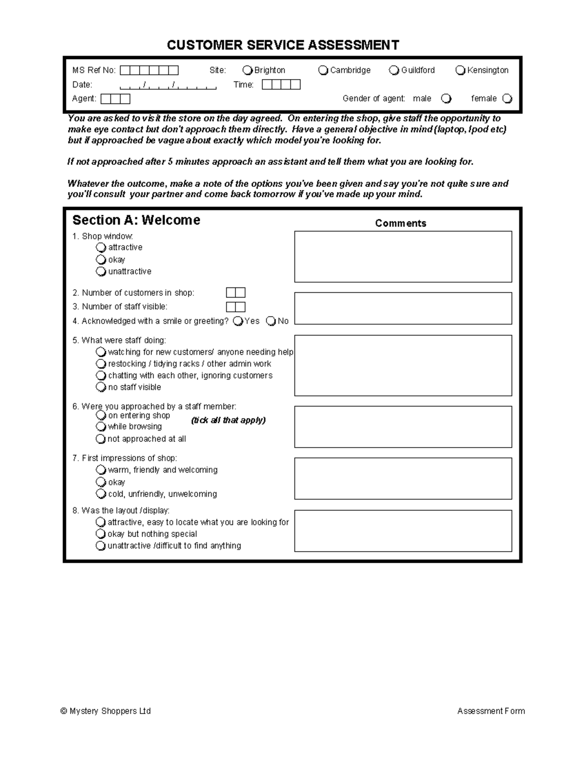 Sample Mystery shopping report - CUSTOMER SERVICE ASSESSMENT MS Ref No ...