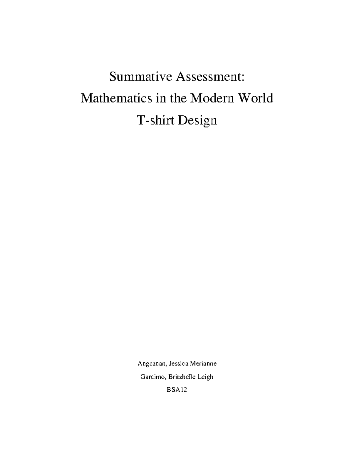 Summative Assessment TShirt Design - Summative Assessment: Mathematics ...