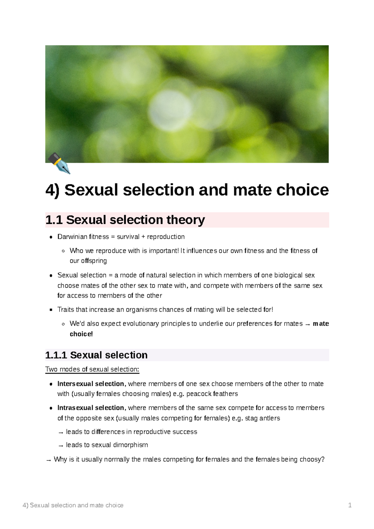 4) Sexual selection and mate choice - 1 Sexual selection Two modes of ...