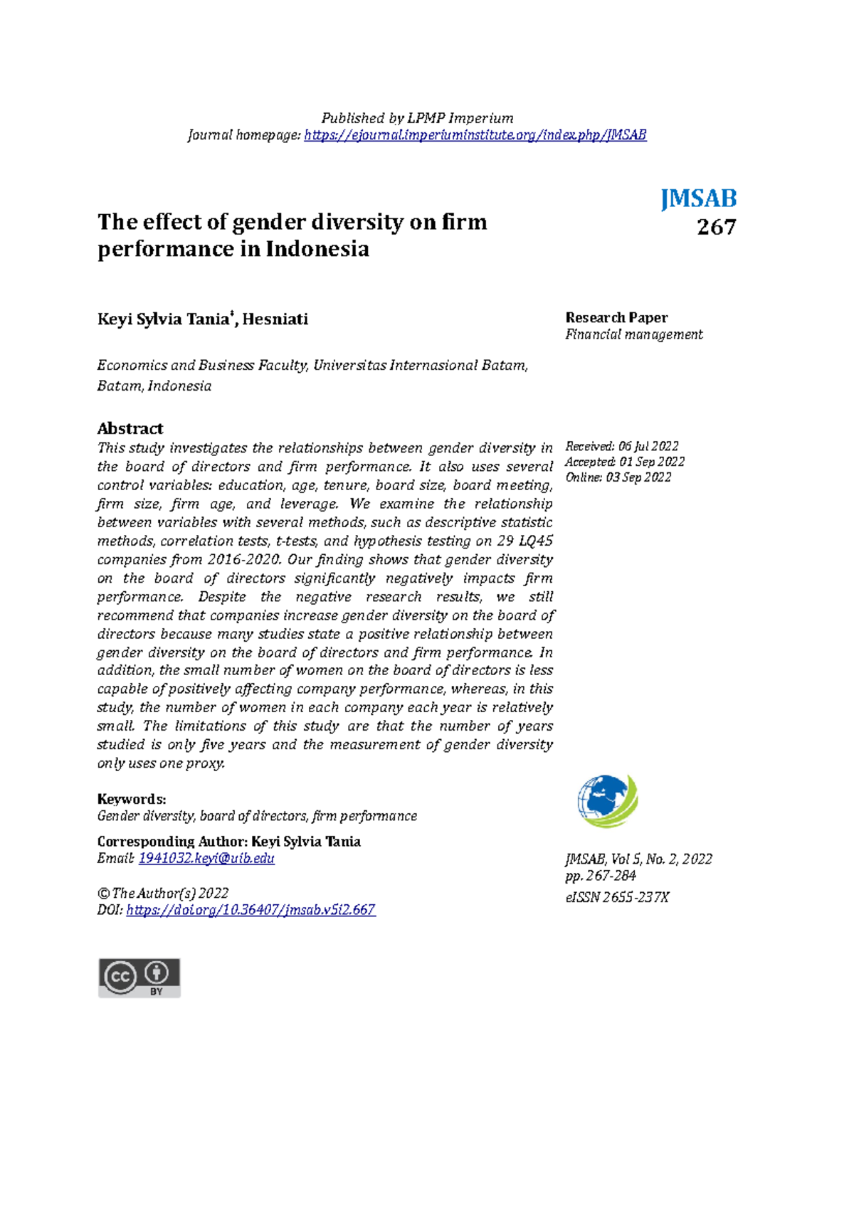 The effect of gender diversity on firm performance in Indonesia 2016 ...