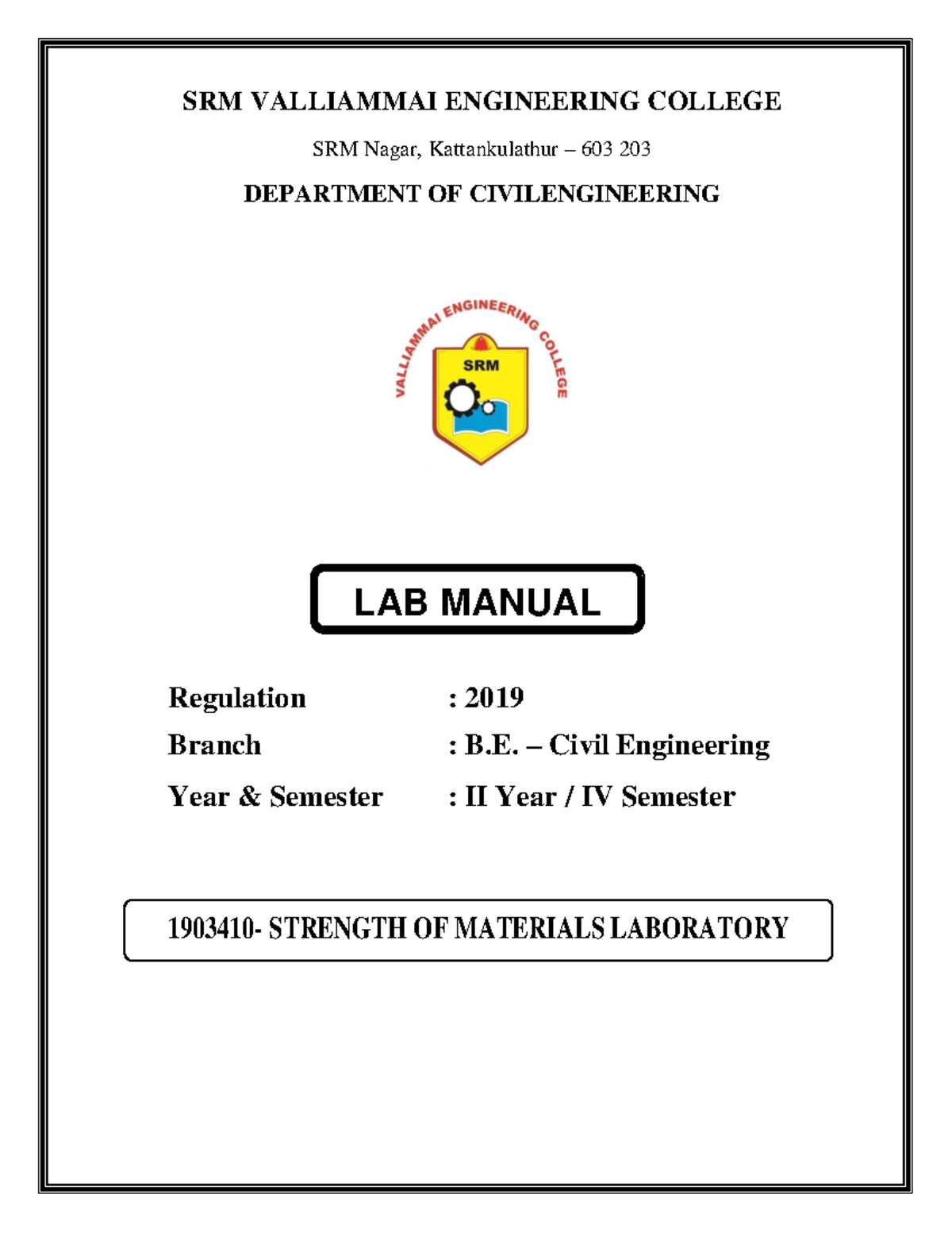 1903410 strength of materials laboratory - SRM VALLIAMMAI ENGINEERING ...