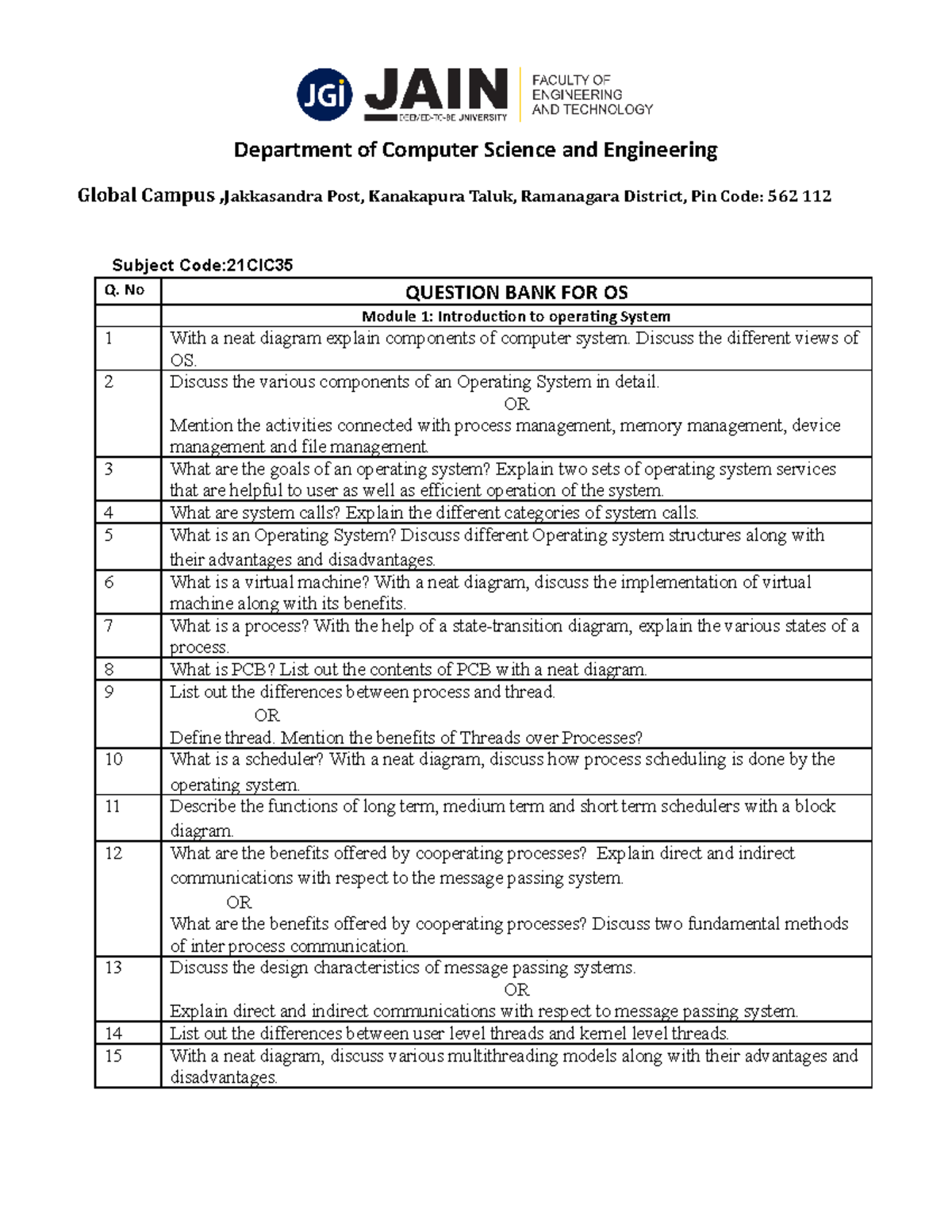 OS QB Module 1 - Department of Computer Science and Engineering Global Campus ,Jakkasandra Post ...