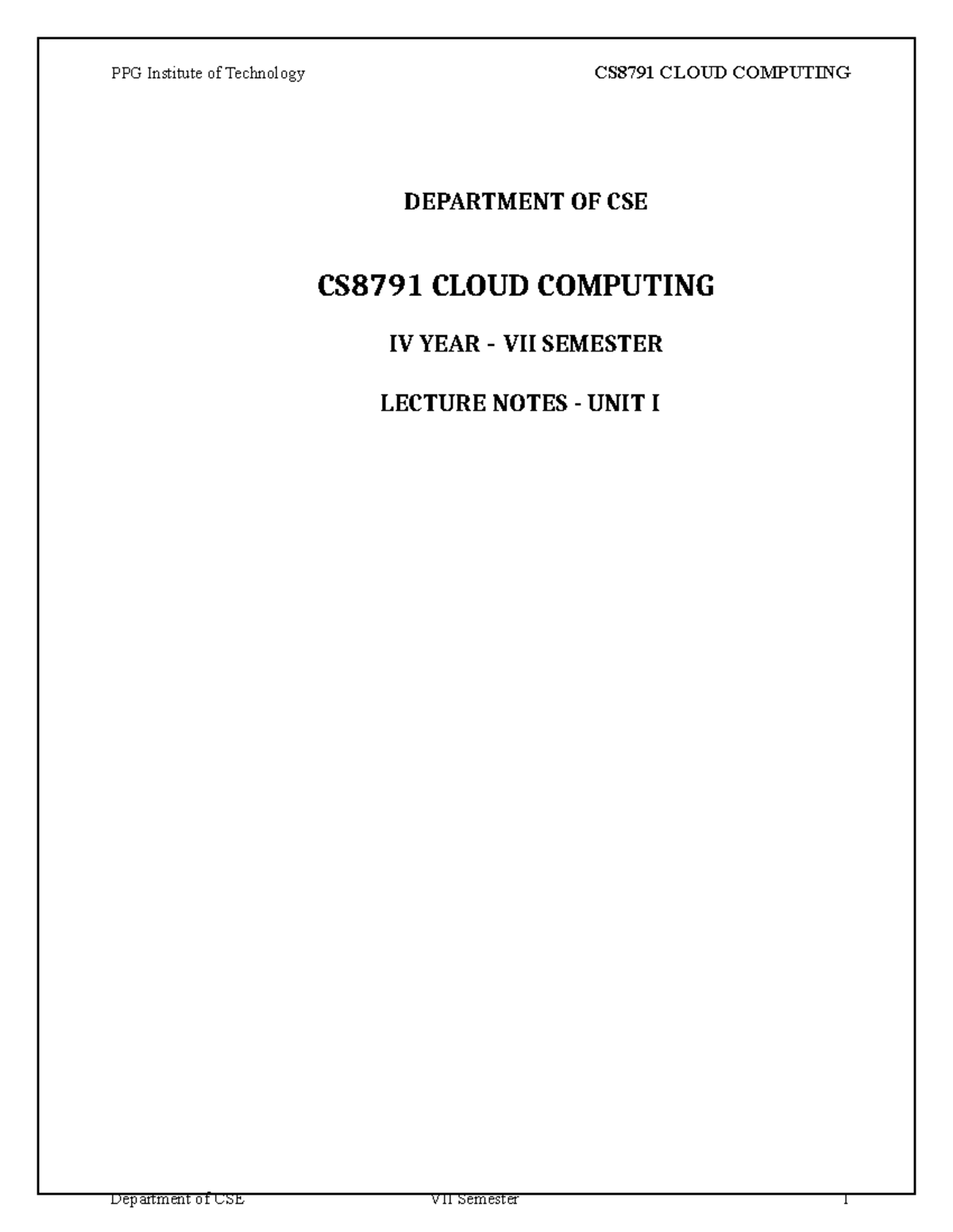 UNIT 1 -Cloud Computing - DEPARTMENT OF CSE CS8791 CLOUD COMPUTING IV YEAR – VII SEMESTER ...