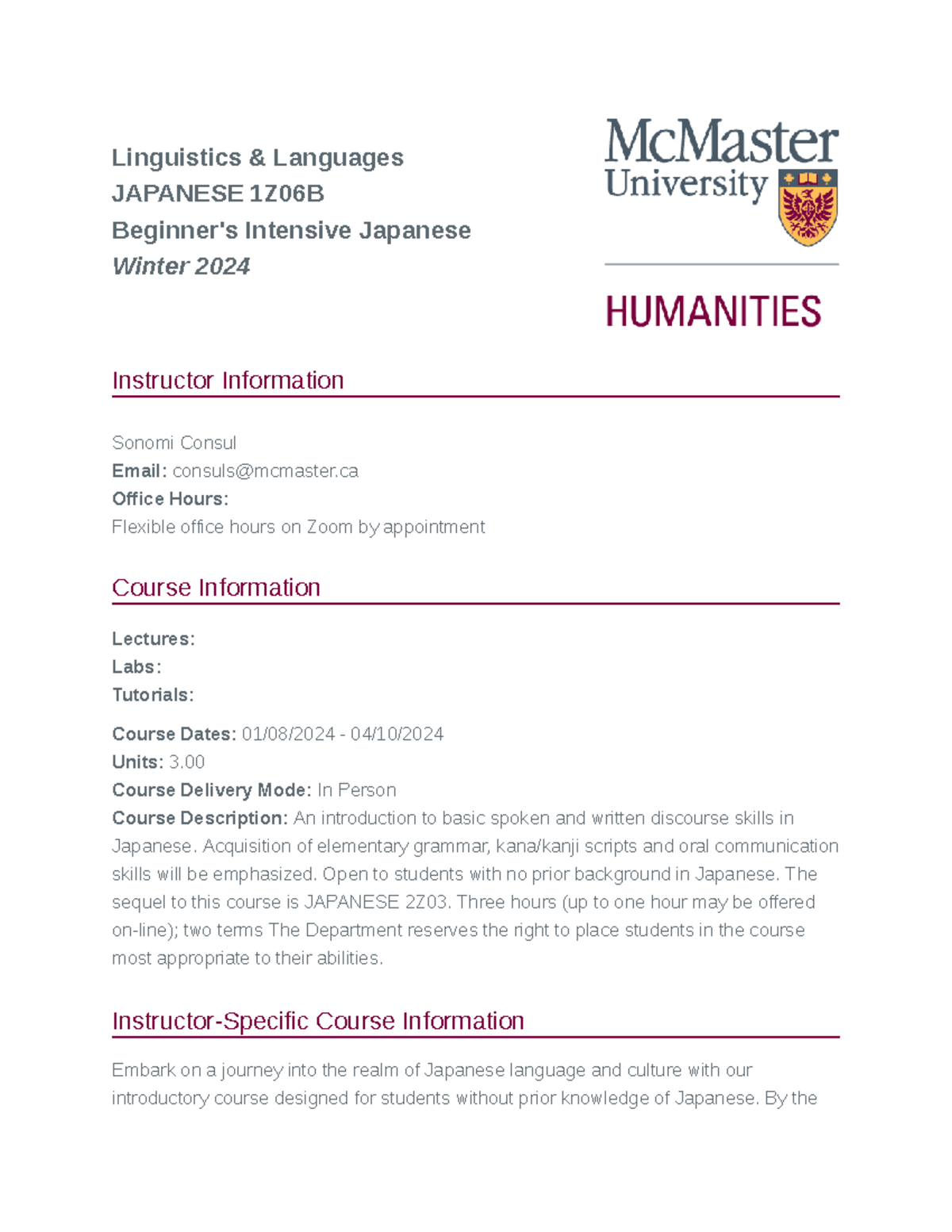 Winter 2024 Japanese 1Z06 B C01 Consuls Beginner's Intensive Japanese ...