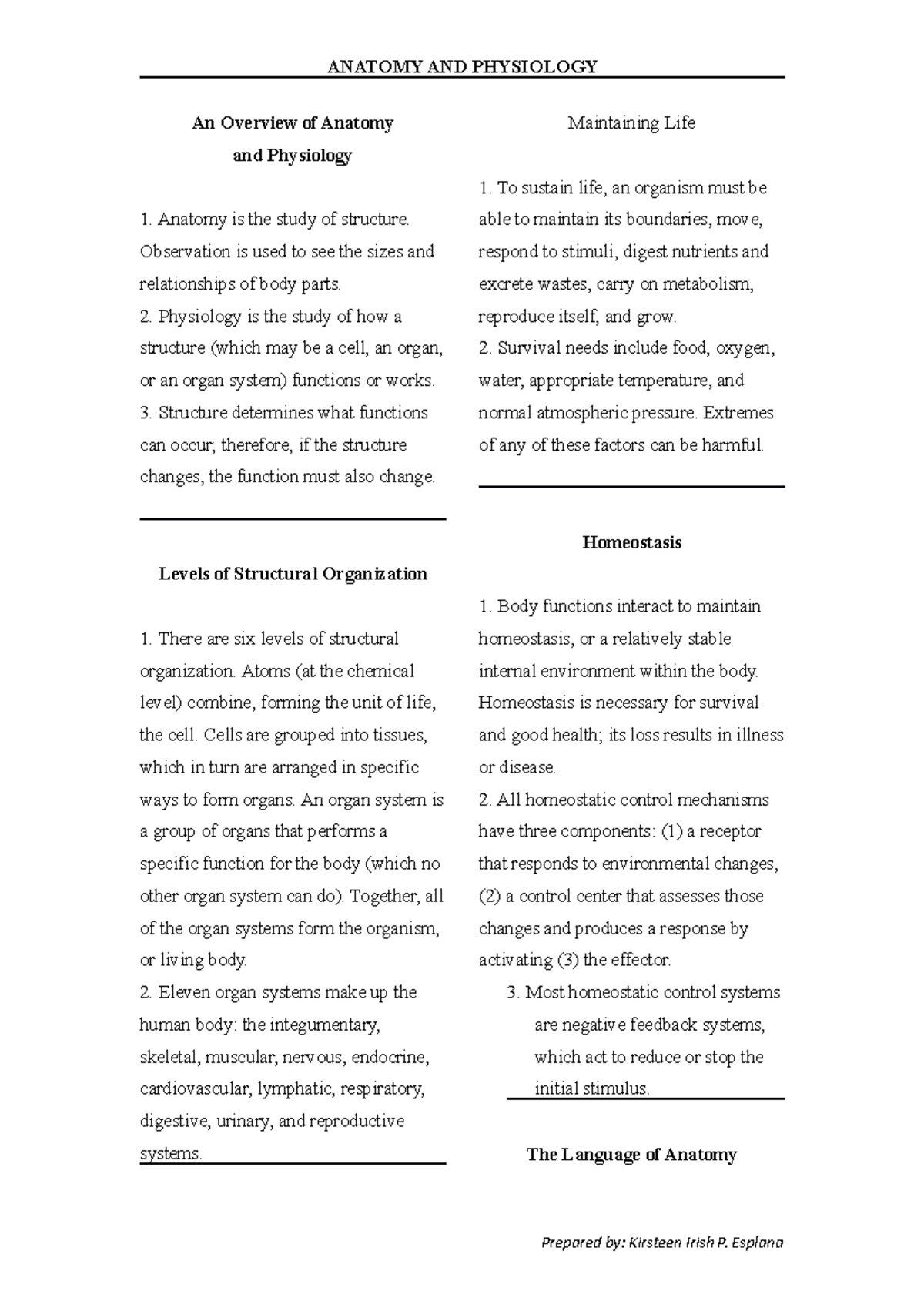 Essentials of HUman Anatomy and Physiology - Reviewer - ANATOMY AND ...