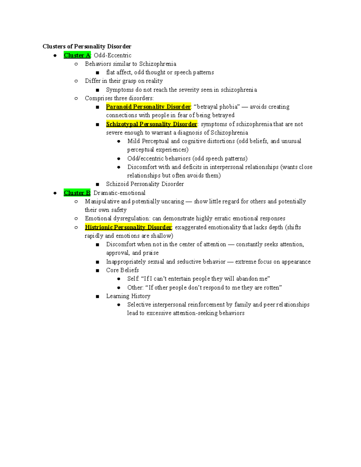 B&D Lec 4:19 - Clusters of Personality Disorder Cluster A: Odd-Eccentric Behaviors similar to ...