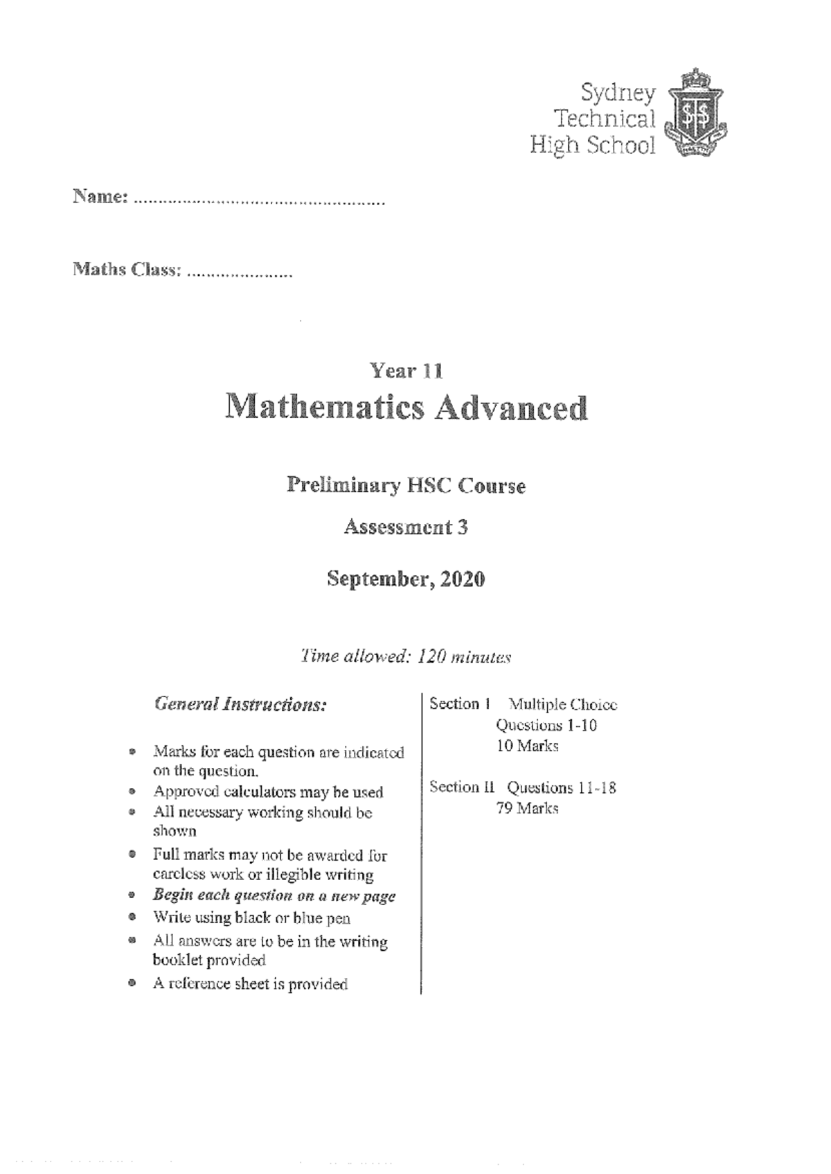 Sydney Tech 2020 w. sol - Math past paper - Sydney Technical High ...