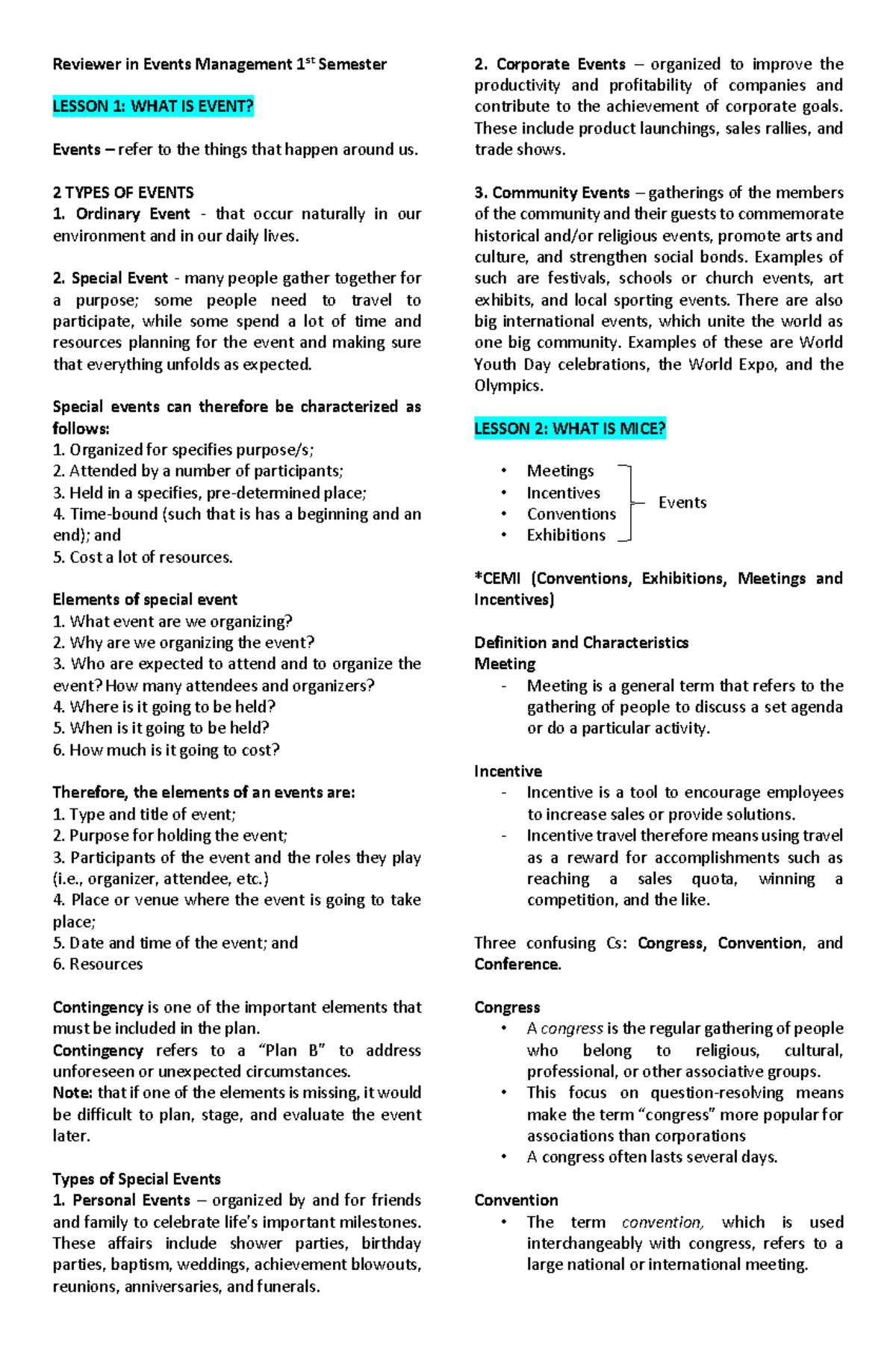 Reviewer in Events Management 1st Semester 2 - **2 TYPES OF EVENTS ...