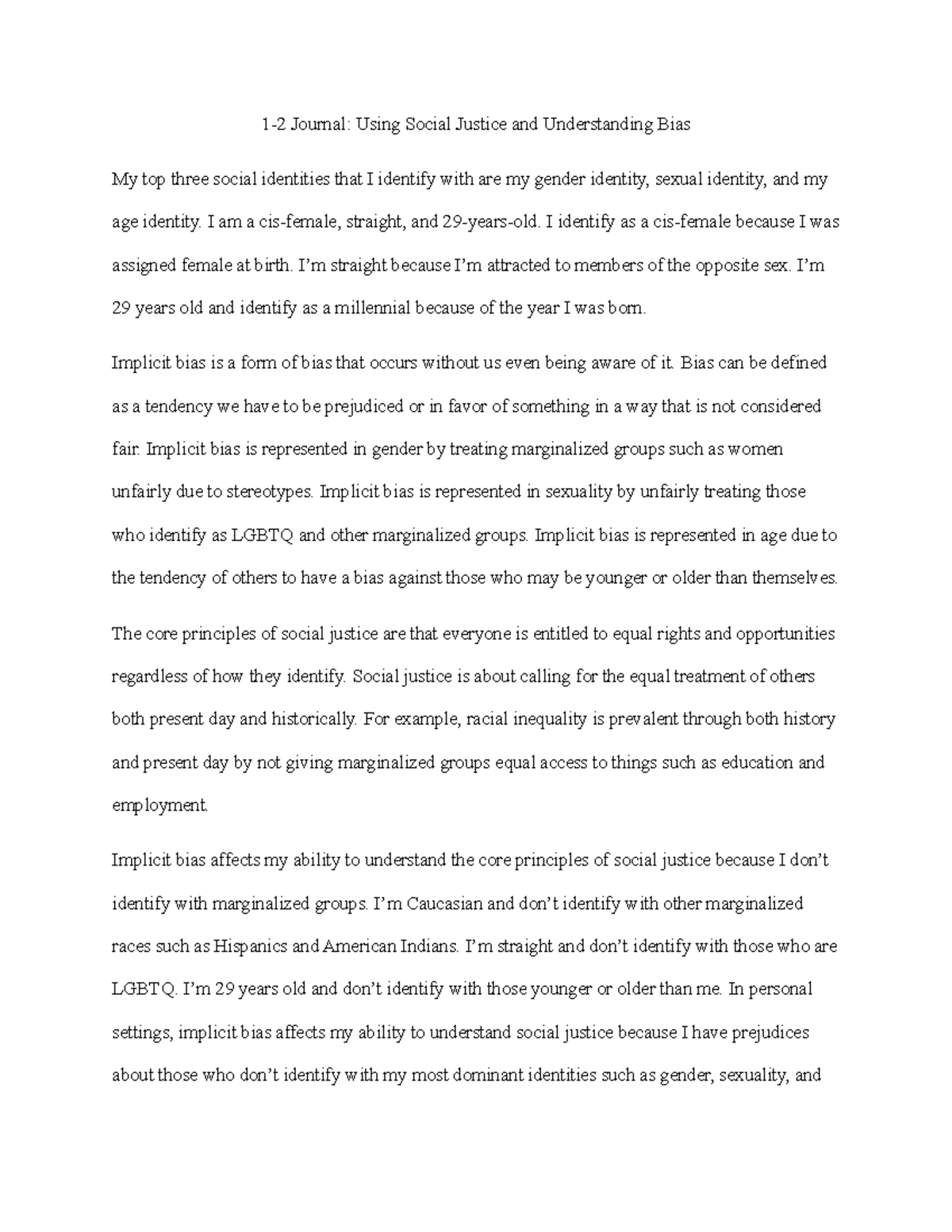 1-2 Journal- Updated - 1-2 Journal: Using Social Justice and ...