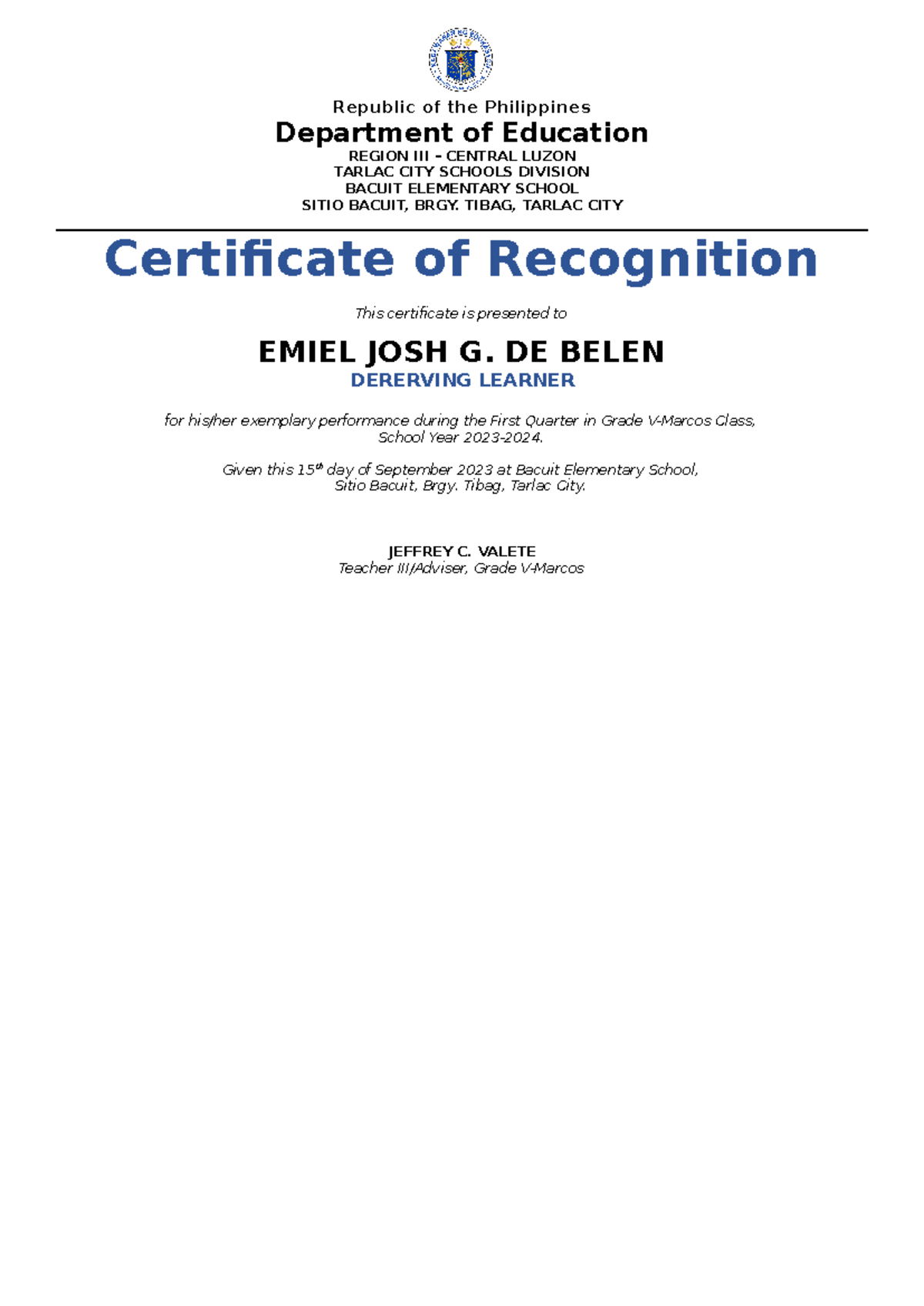 Deserving Learner Certificate - Republic of the Philippines Department ...