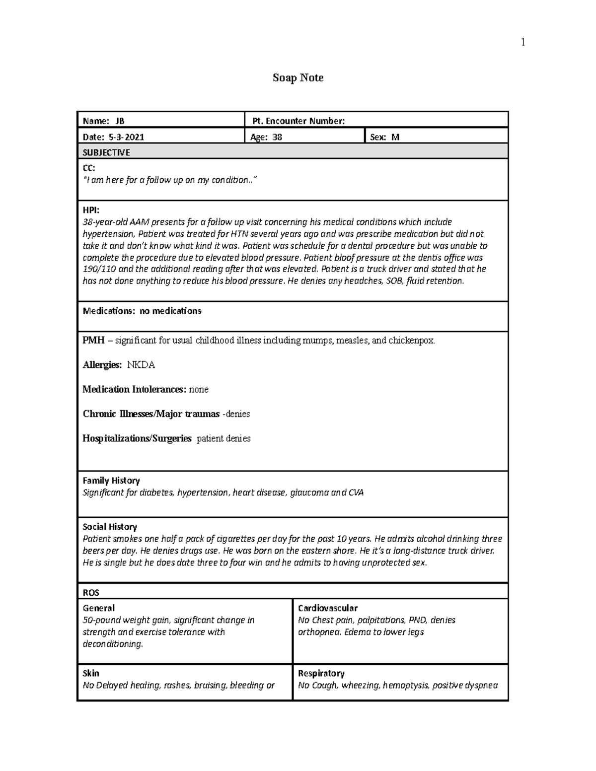 SU NSG6440 W5 SOAP Daniels Cdoc - Soap Note Name: JB Pt. Encounter ...
