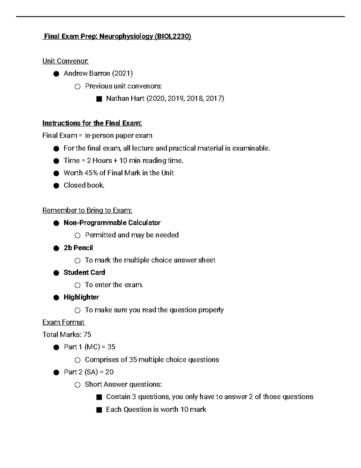 Final Exam Prep Neurophysiology BIOL2230 - Time = 2 Hours + 10 min ...