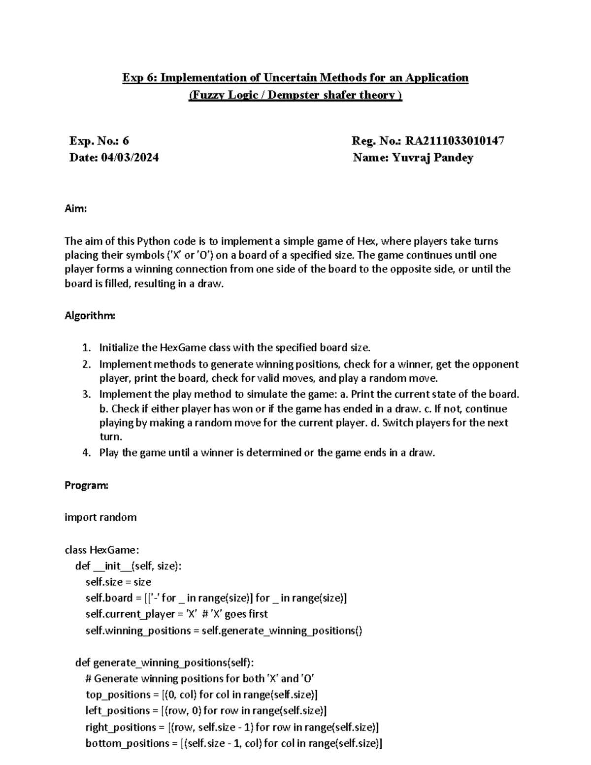 AI LAB Exp 6 - ALL Practical Material. - Exp 6: Implementation of Uncertain Methods for an - Studocu