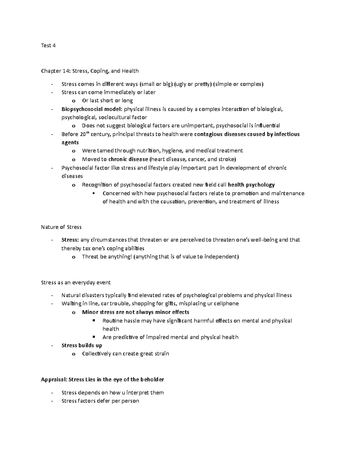Test 4 - notes - Test 4 Chapter 14: Stress, Coping, and Health Stress ...