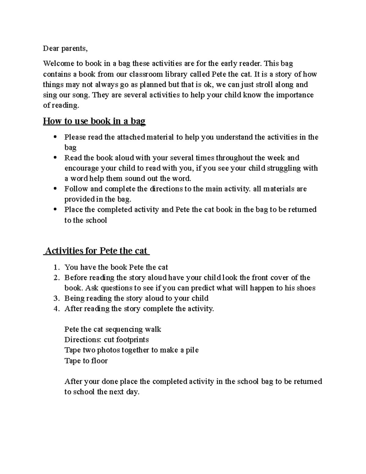 Welcome letter book in the bag sm - Dear parents, Welcome to book in a ...