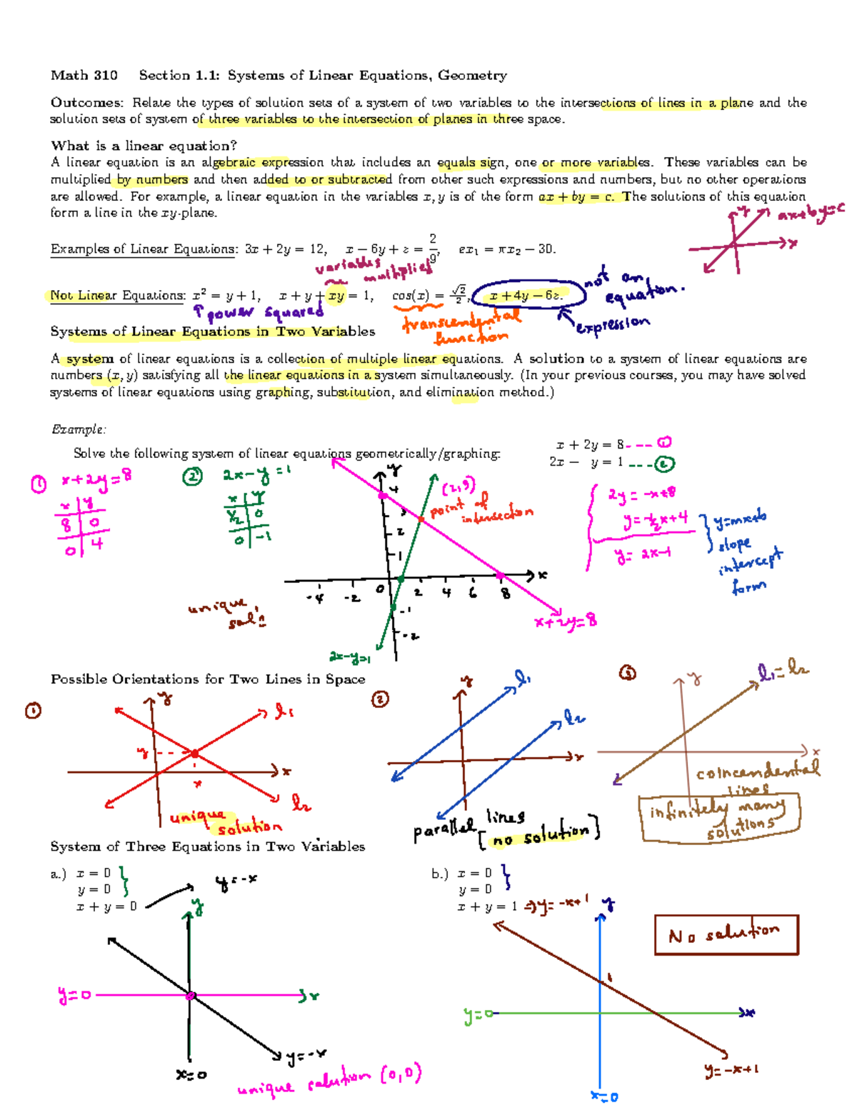 Math 310 Lecture 1 Solution - Math 310 Section 1: Systems of Linear ...