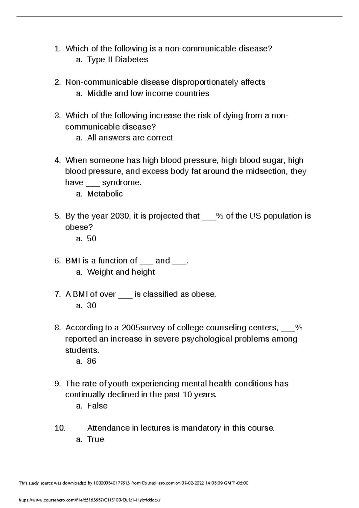 CHS100 Quiz1 Hybrid - QUIZ - Which of the following is a non ...