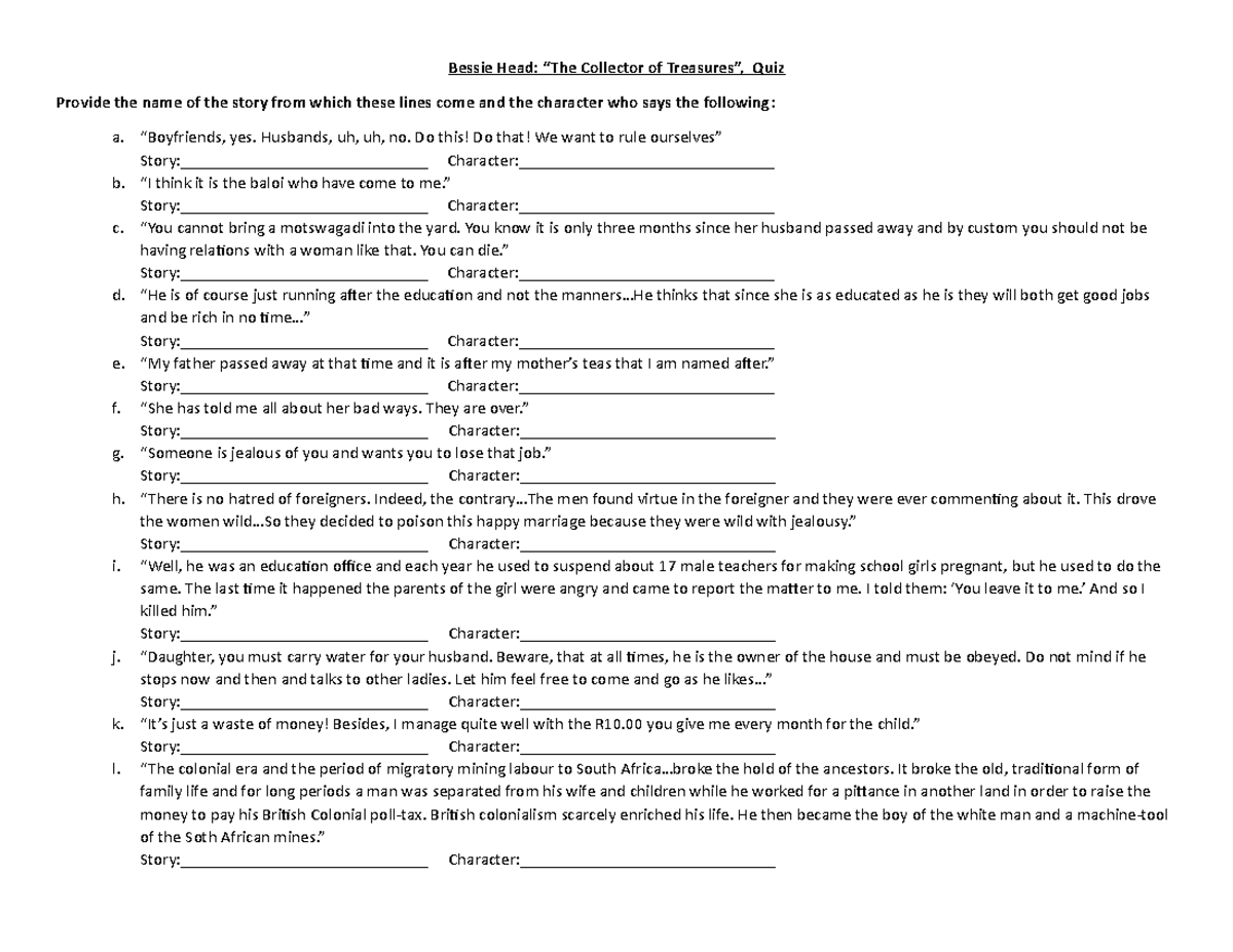 Bessie Head test STU - Unit test - Bessie Head: “The Collector of ...