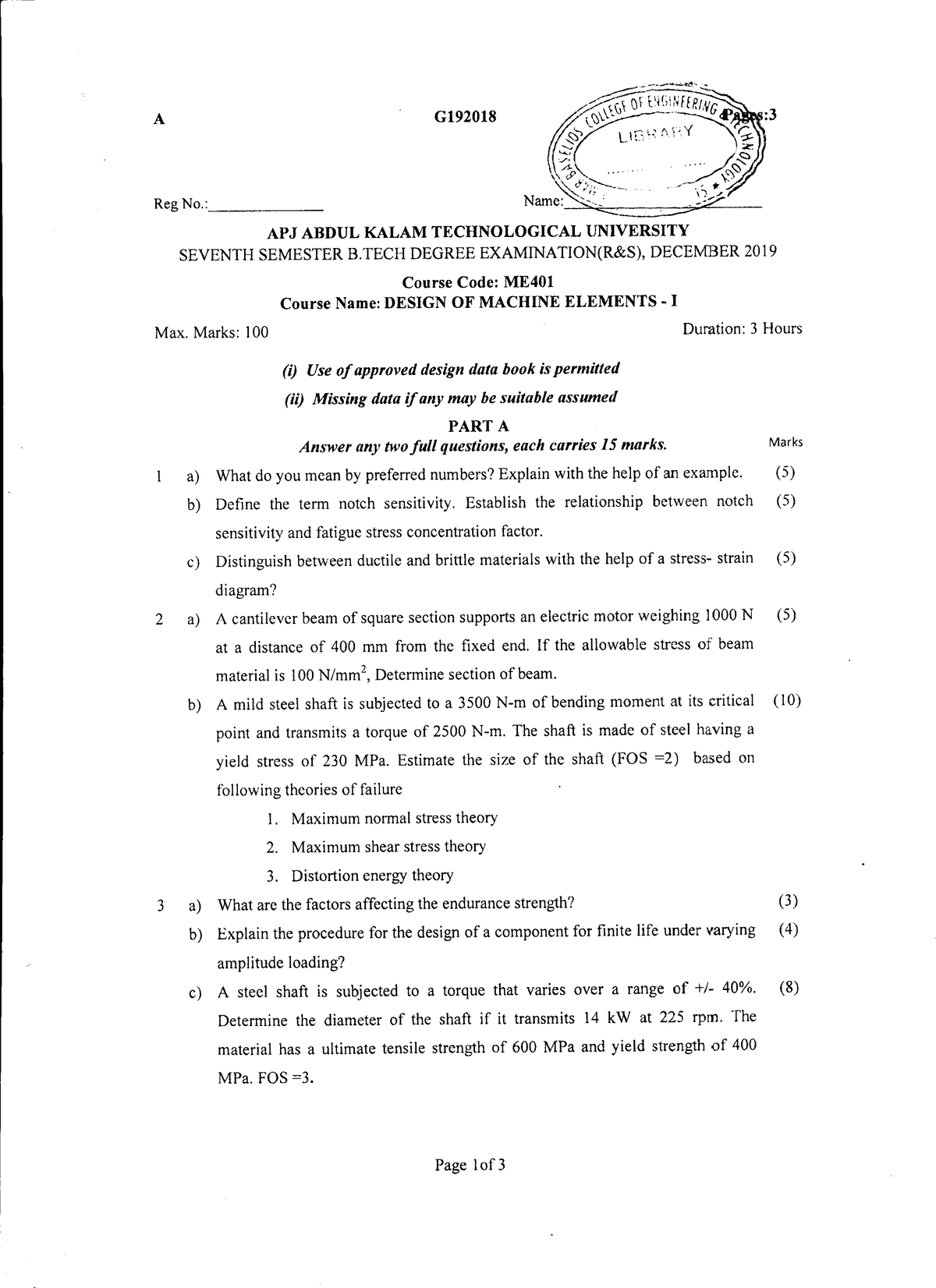 Question paper - Design of Machine Elements 1 Dec-19-December 2019 ...