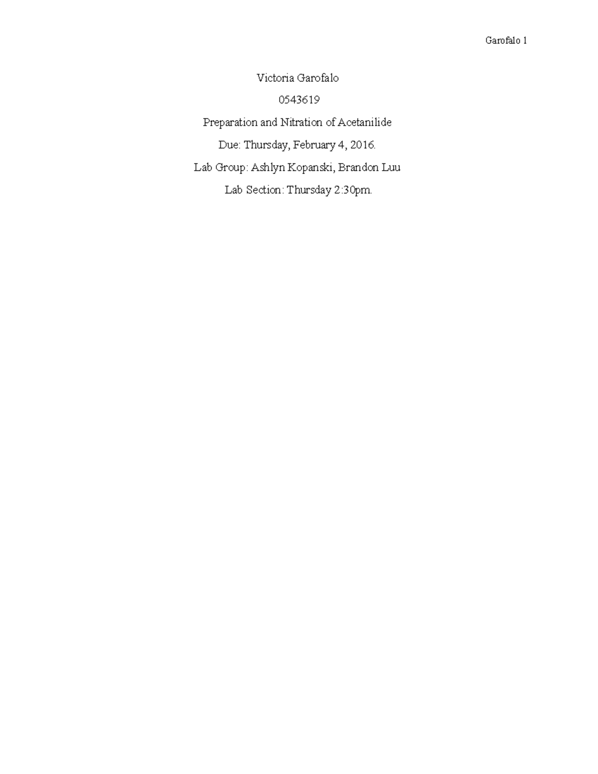 Organic Chemistry Lab 1 - Victoria Garofalo 0543619 Preparation and ...