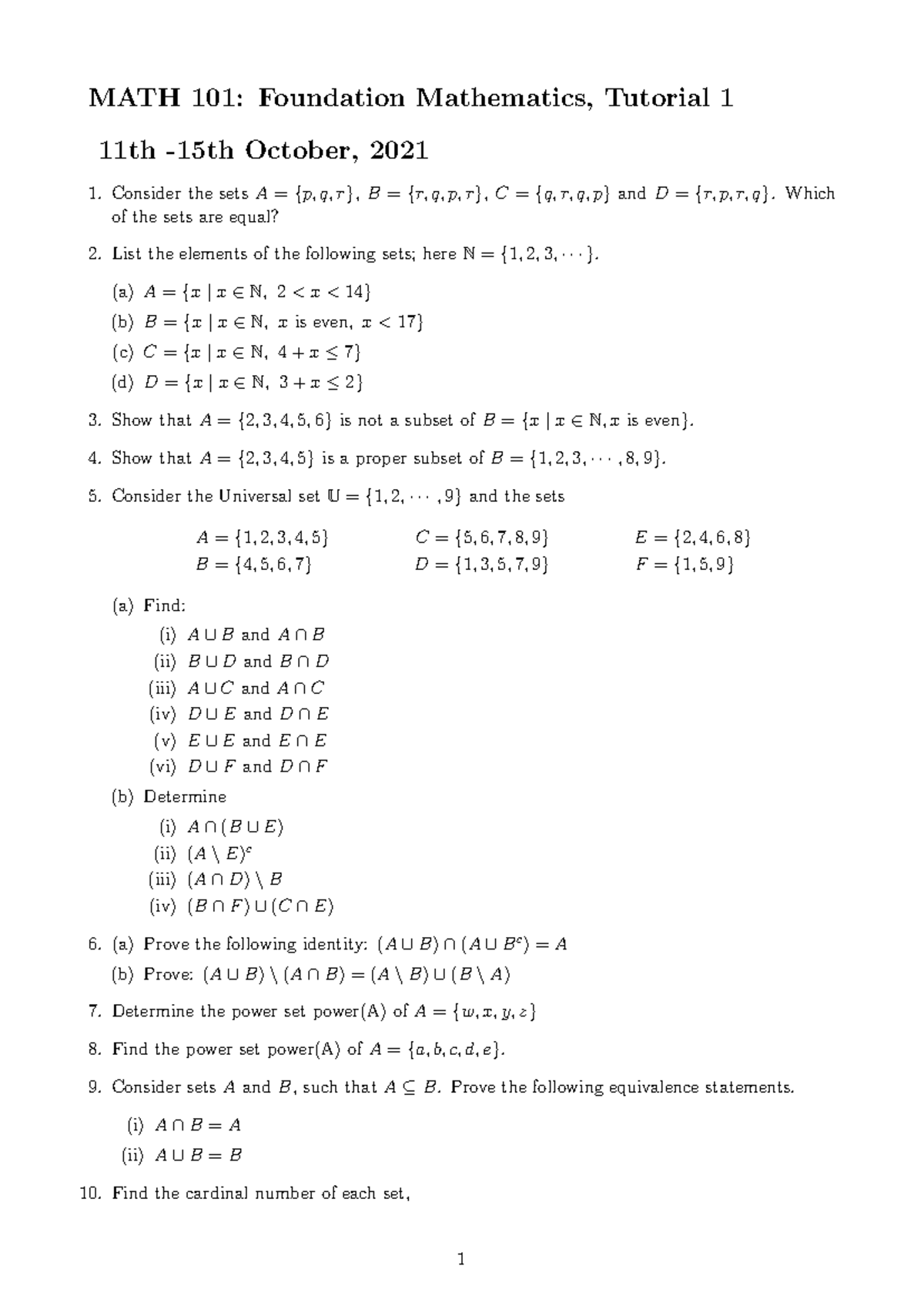 MATH 101 Tutorial 1 - this is just questions for material learnt in ...