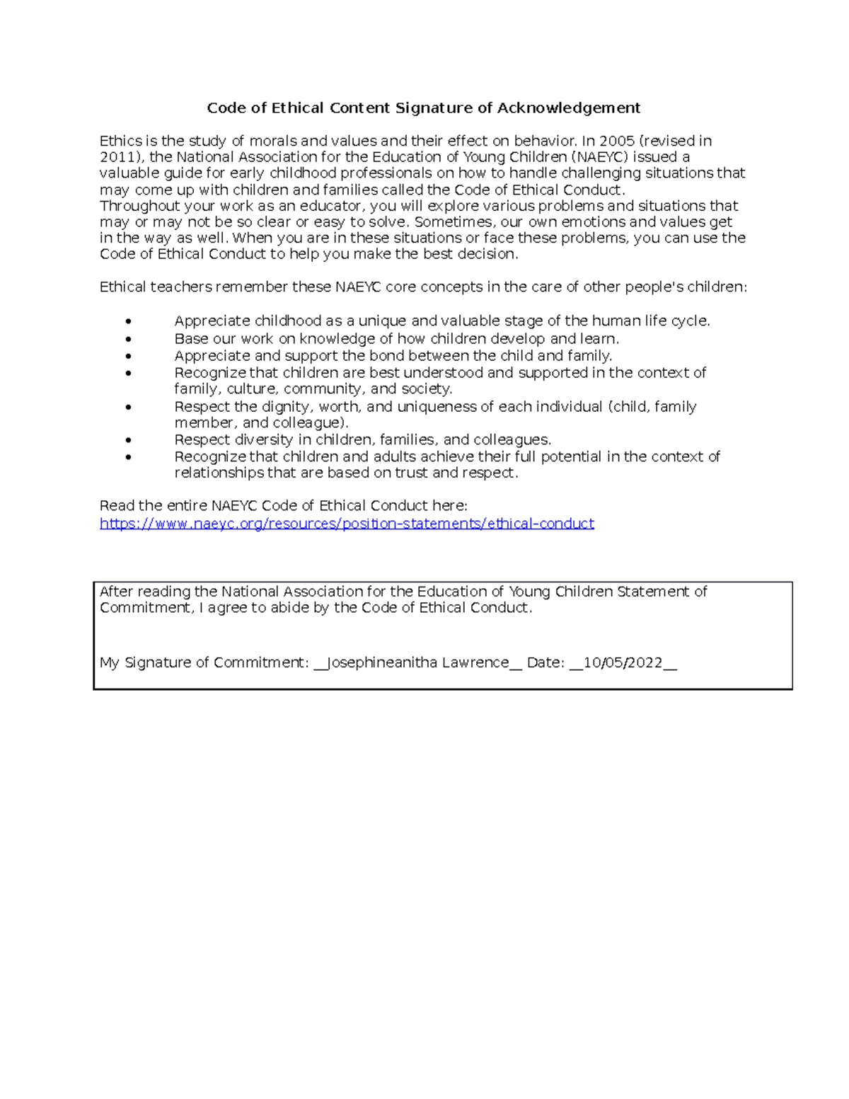 JLawrence Naeyc Code of Ethical Conduct and Statement of Commitment ...
