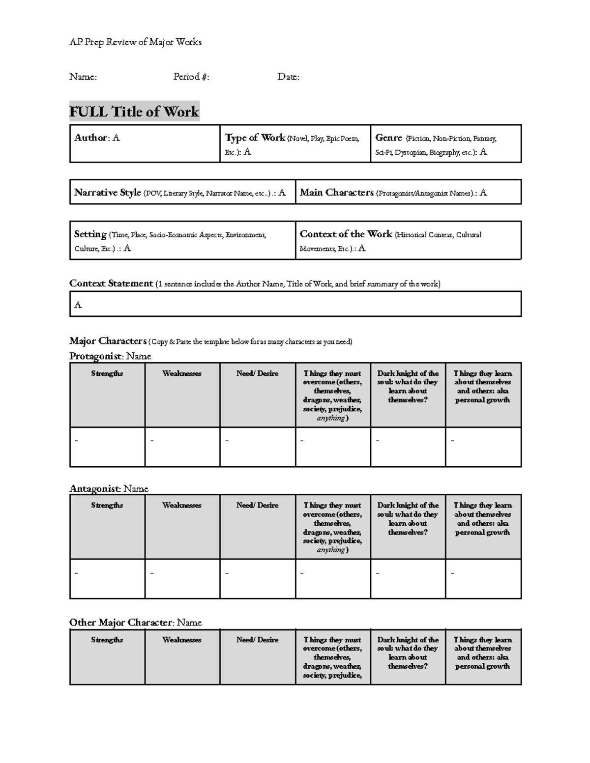 Review of Major Works Assignment - AP Prep Review of Major Works Name ...