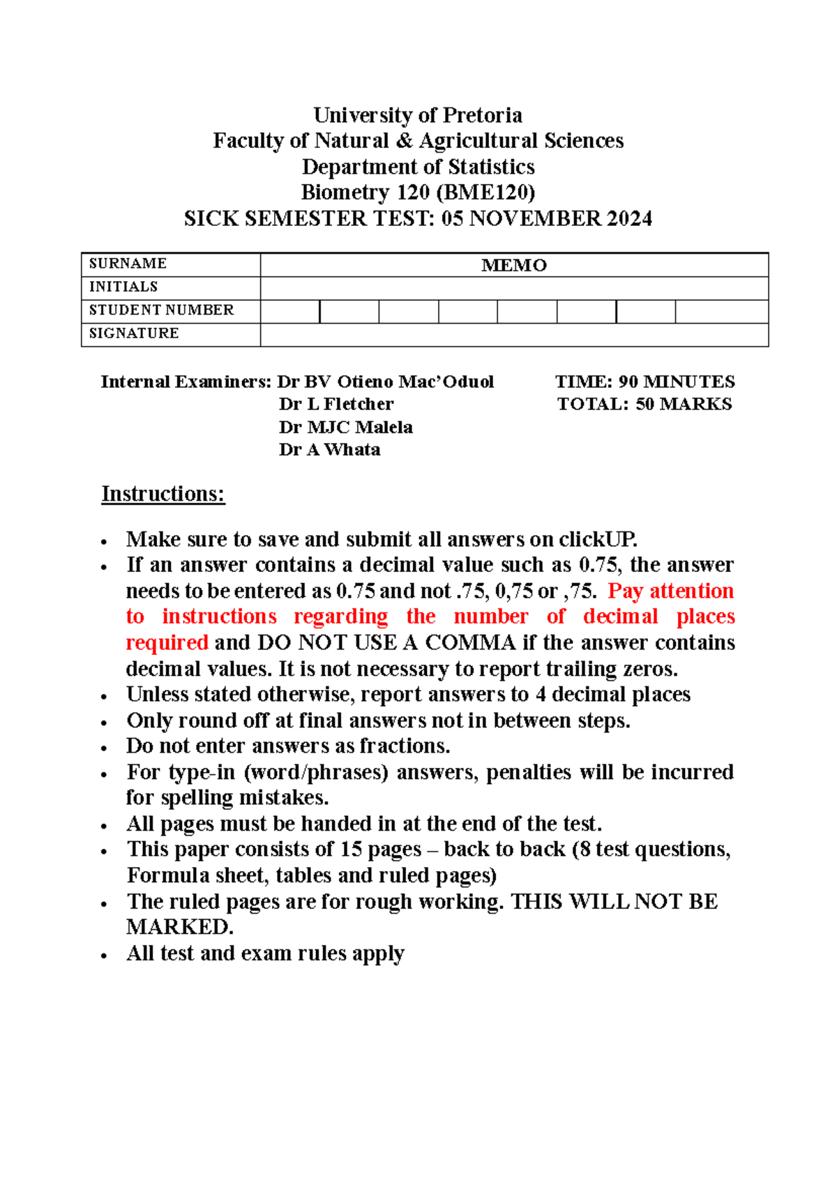 SICK TEST MEMO - sick test memo NB - University of Pretoria Faculty of ...