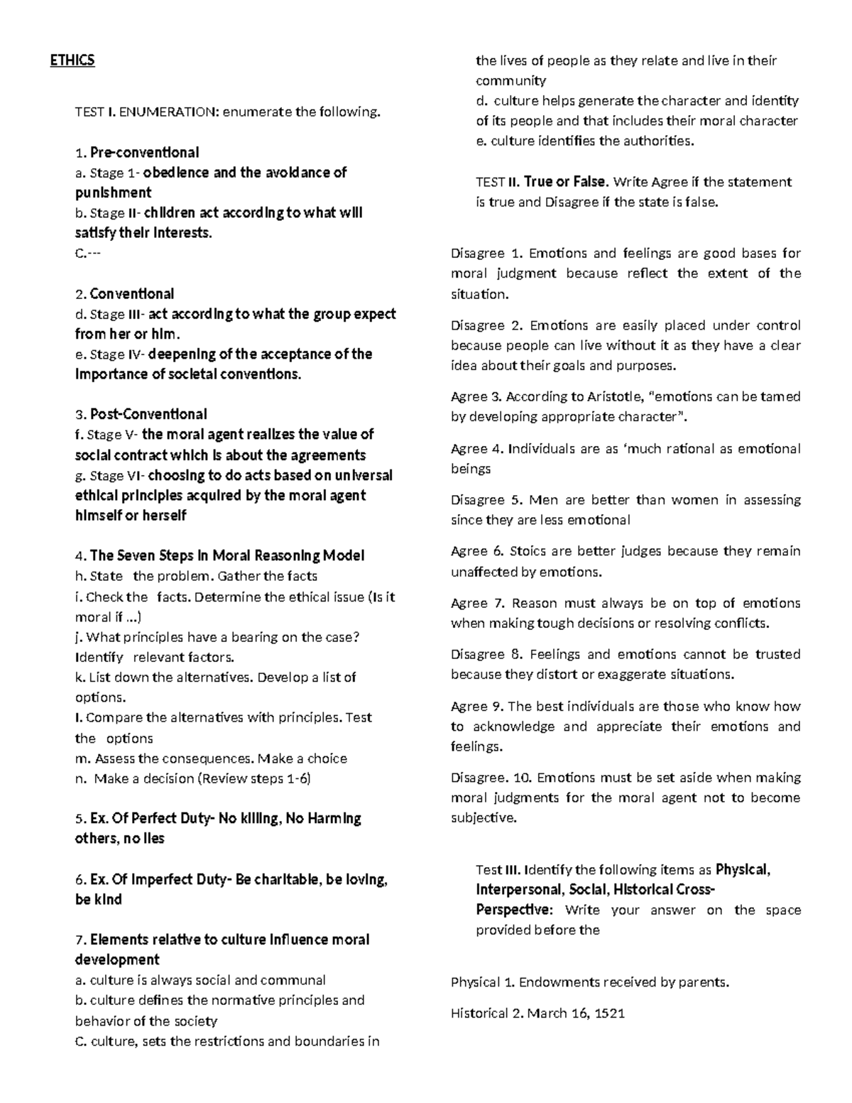 UTS-Ethics-Review-Questions - ETHICS TEST I. ENUMERATION: enumerate the ...