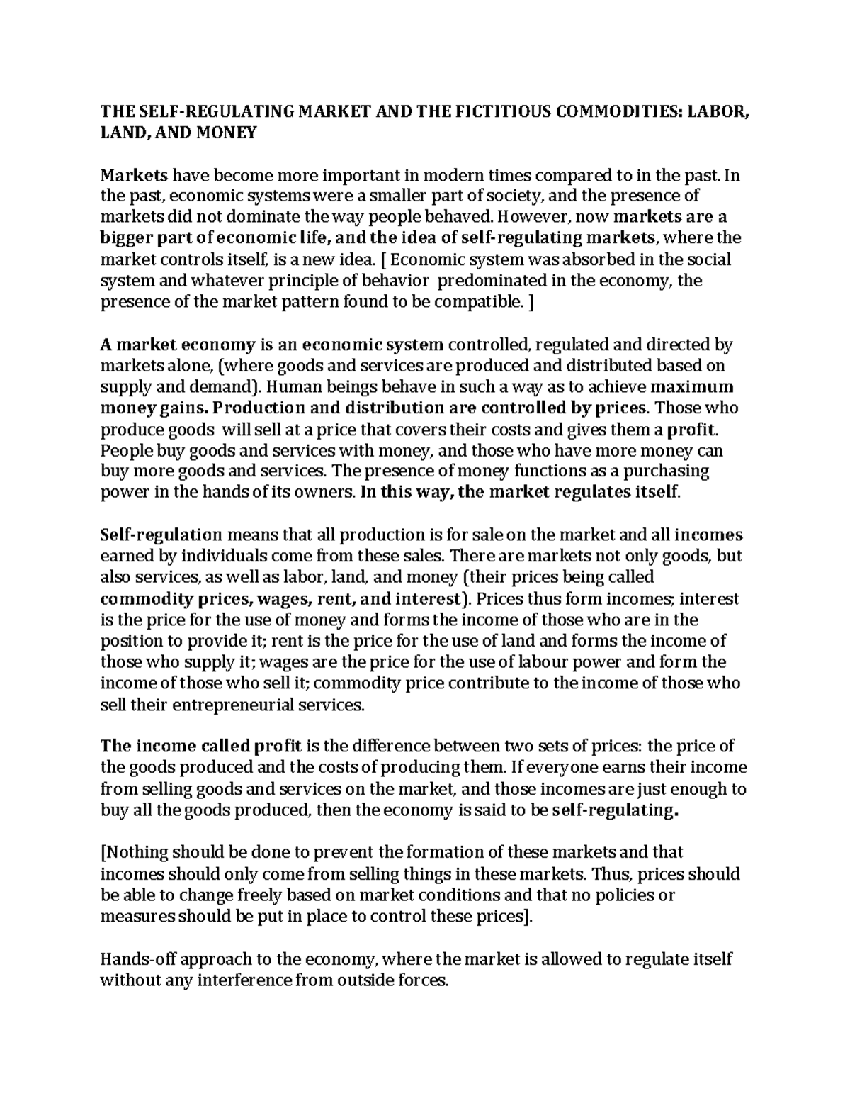 Karl - Note - THE SELF-REGULATING MARKET AND THE FICTITIOUS COMMODITIES ...