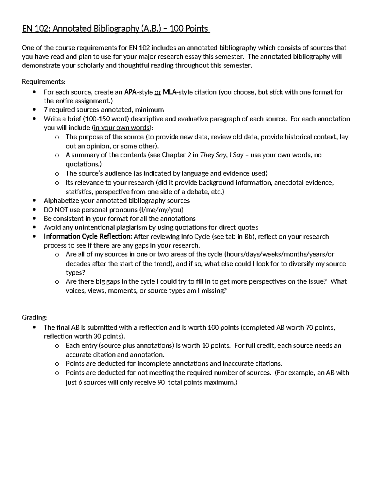 Annotated Bibliography Assignment seven sources - EN 102: Annotated Bibliography (A.) – 100 ...