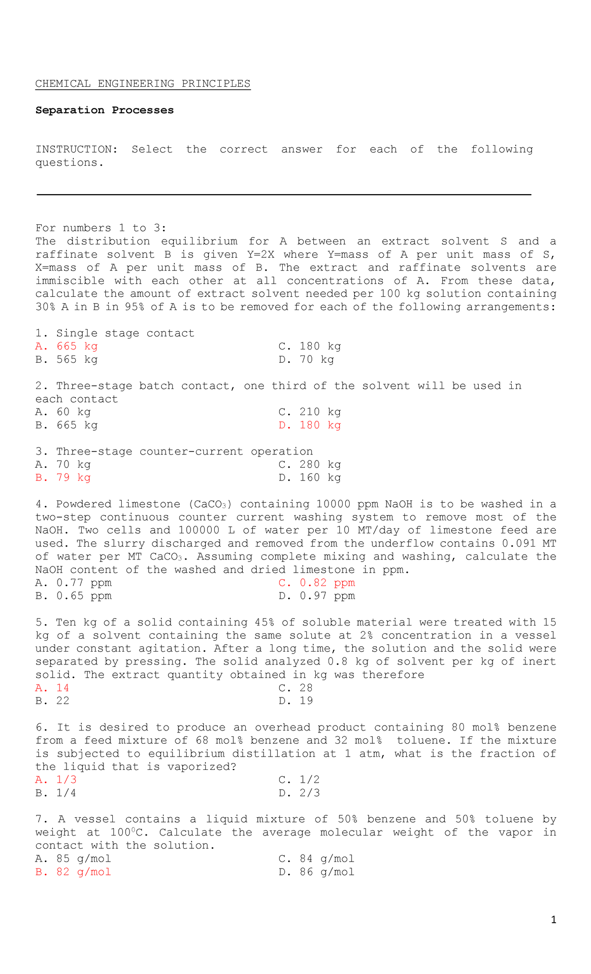 Separation Processes - Additional Problems - CHEMICAL ENGINEERING PRINCIPLES Separation ...