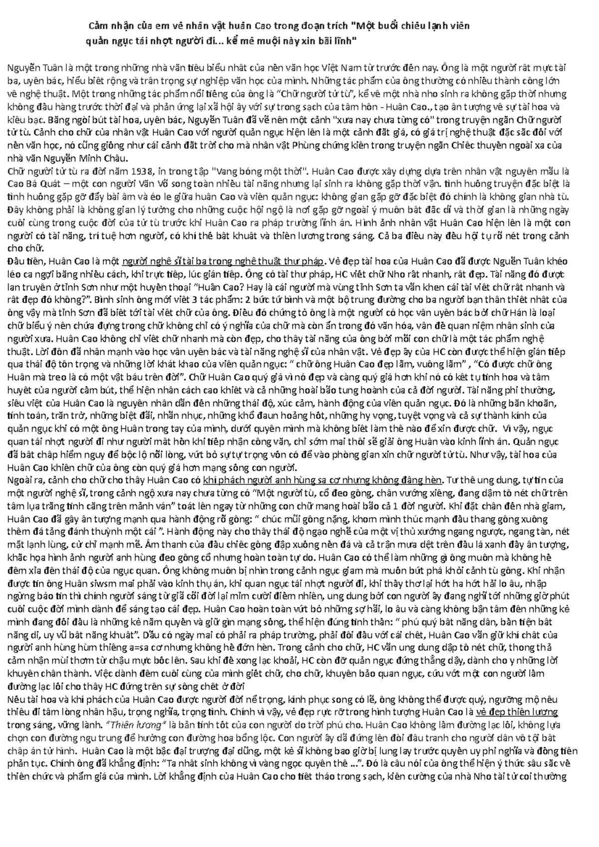 CNTT - oki - C m nh n c a em vềề nhân v t huâấn Cao trong đo n trích "M t bu i chiềều l nh - Studocu