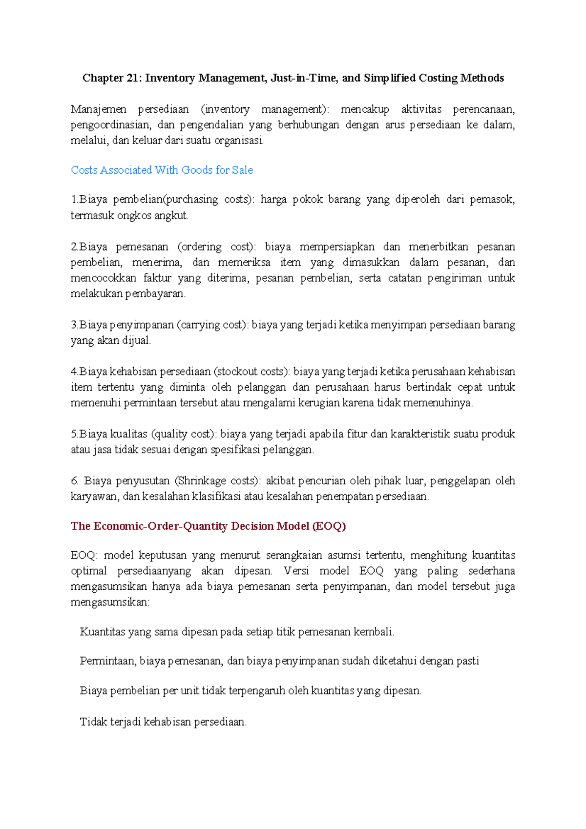 Rangkuman Ch 21 Horngrens 17th edition - Chapter 21: Inventory Management, Just-in-Time, and ...