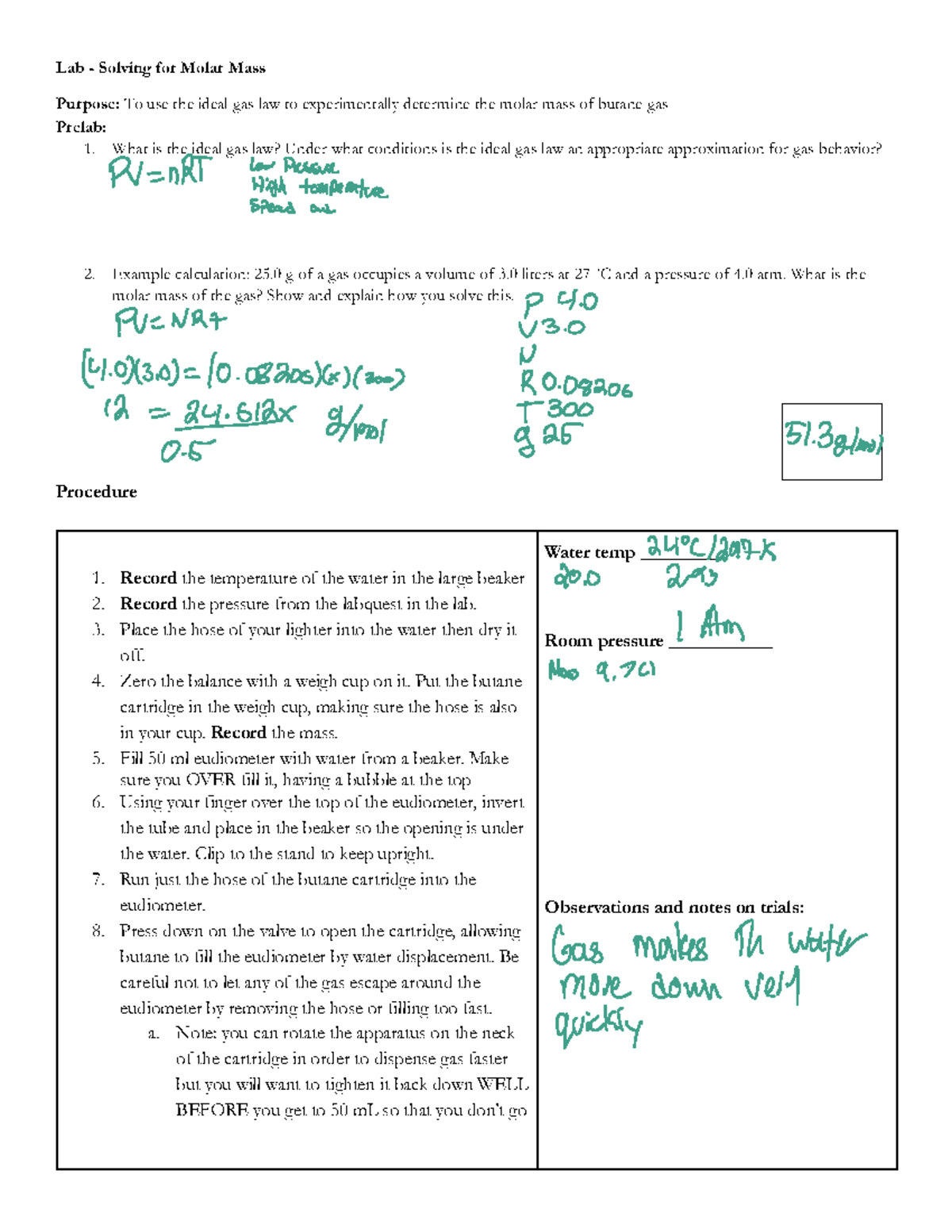 Ideal gas lab - Google Docs - Lab - Solving for Molar Mass Purpose: To ...