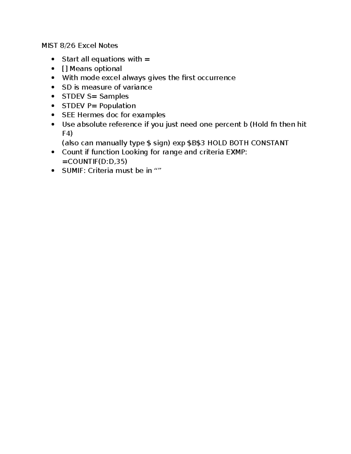 MIST Intro Excel Notes - MIST 8/26 Excel Notes Start all equations with ...