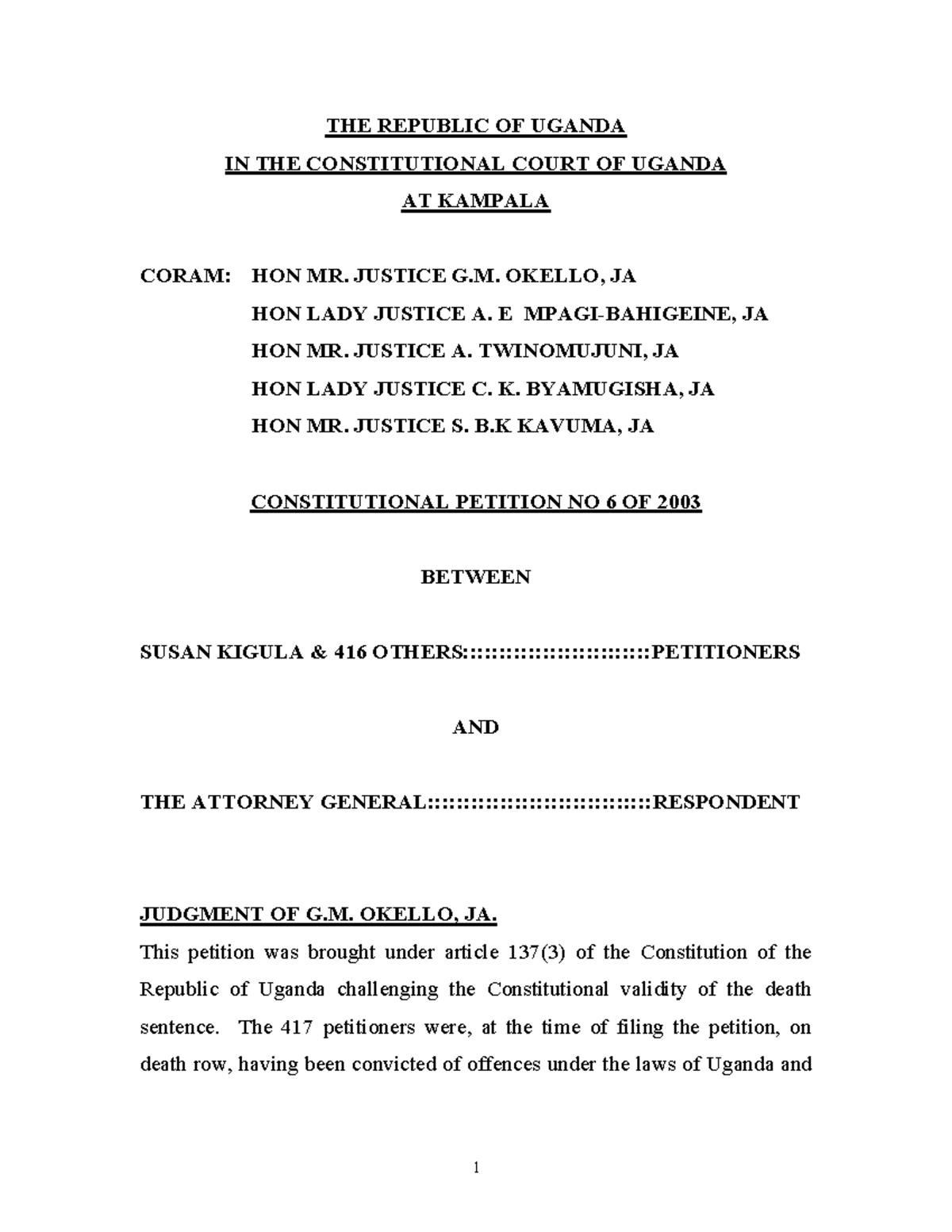 Hrdp-Susan Kigula & 416 others(2005 ) - THE REPUBLIC OF UGANDA IN THE ...