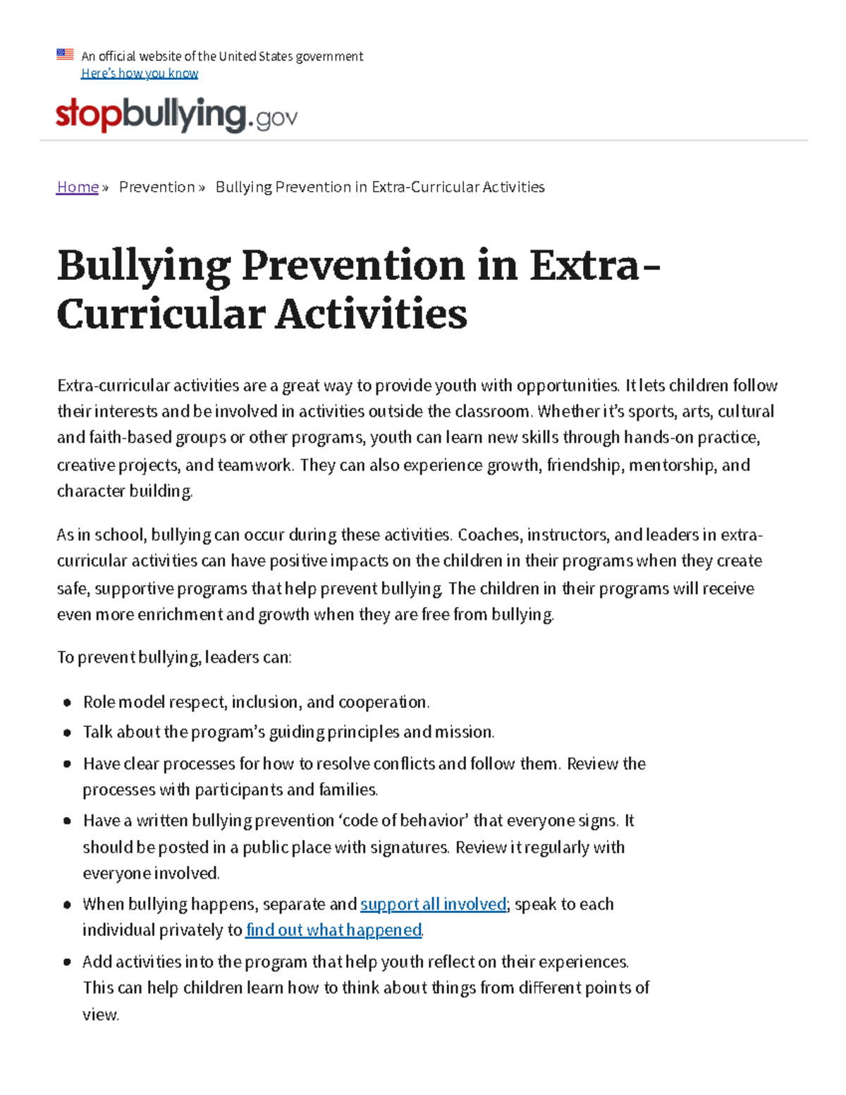 Bullying Prevention in Extra-Curricular Activities Stop Bullying - Home ...
