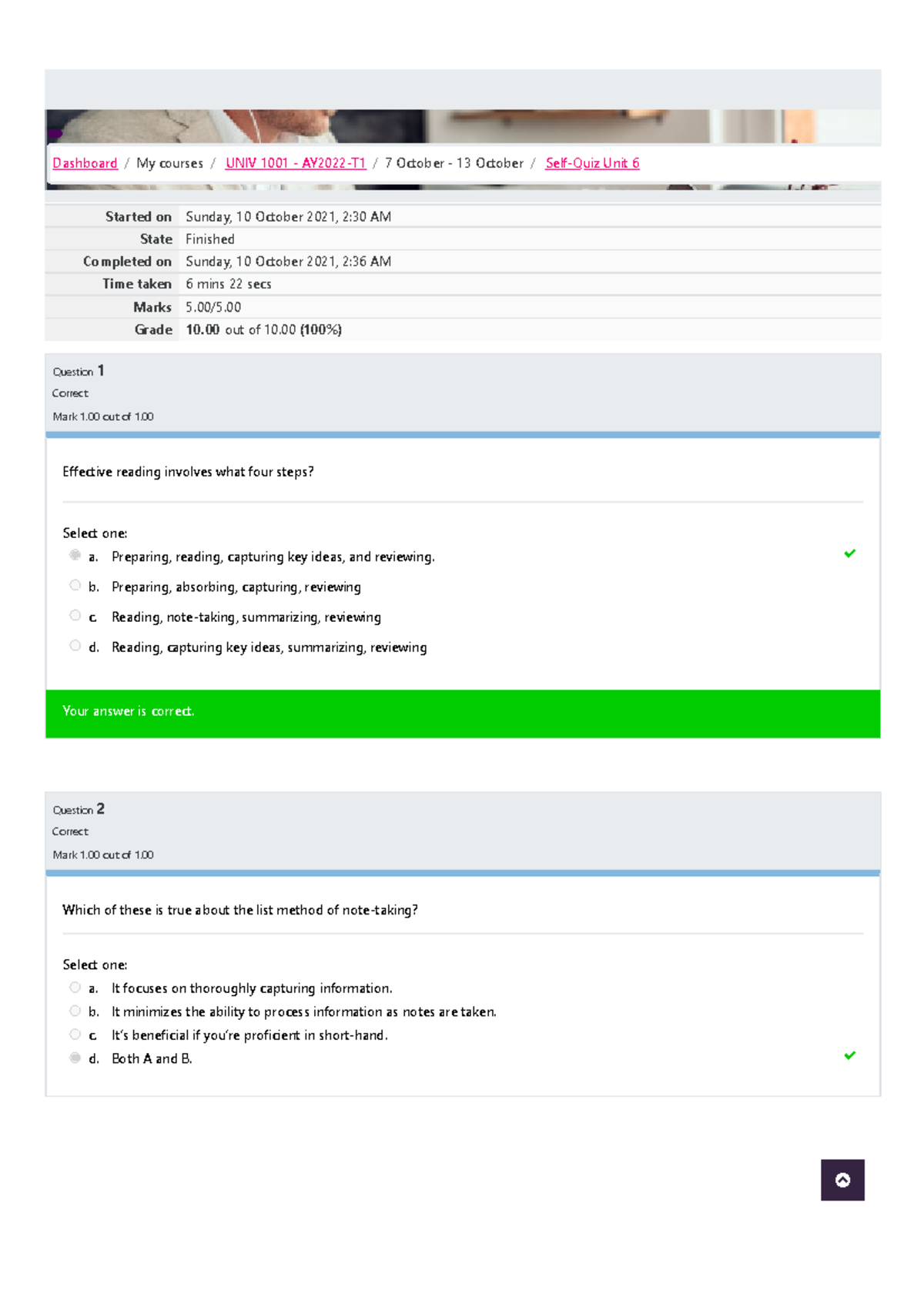 Self Quiz Unit 6 Attempt Review Started On Sunday 10 October 2021 2 30 Am State Finished